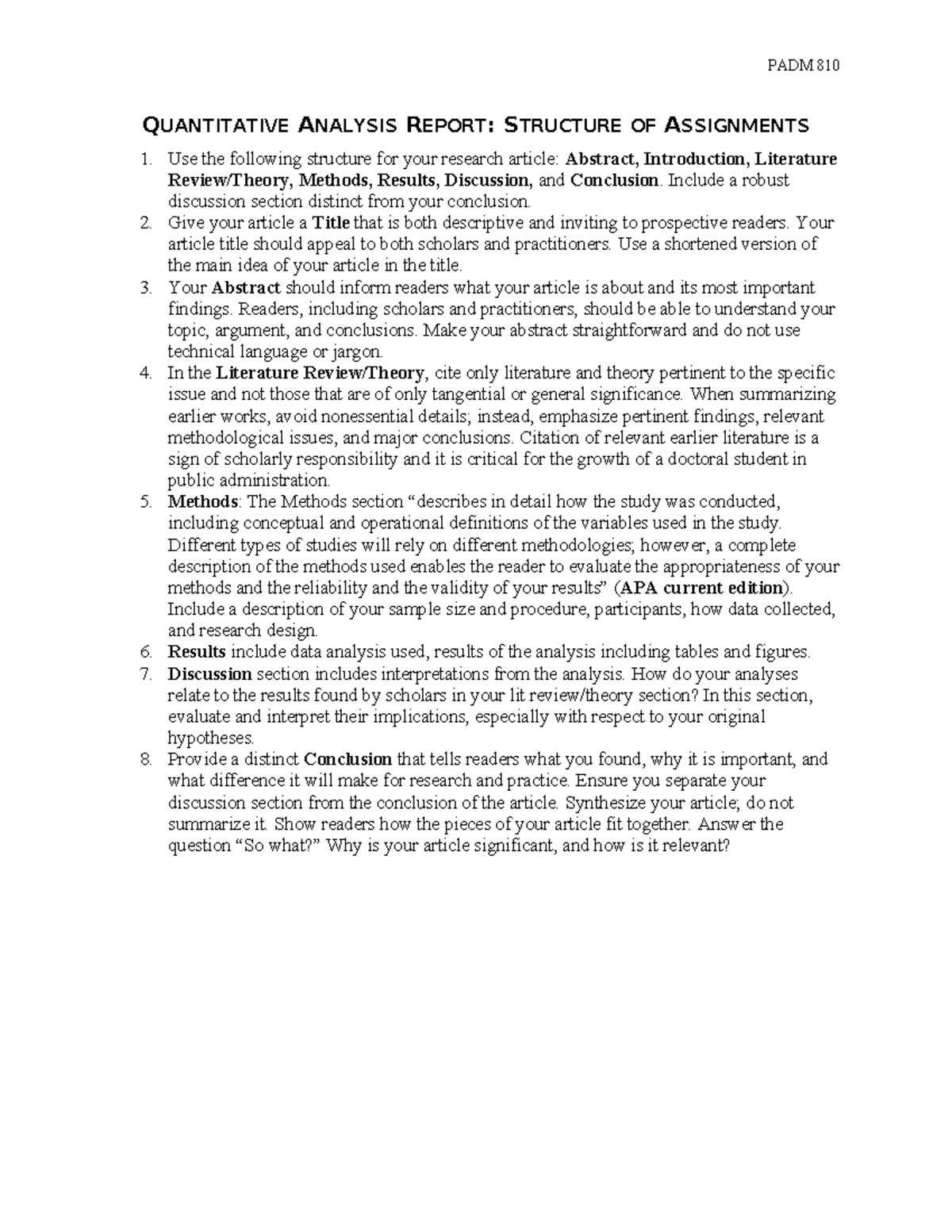 PADM 810 Quantitative Analysis Report Structure & Guidelines - Studocu