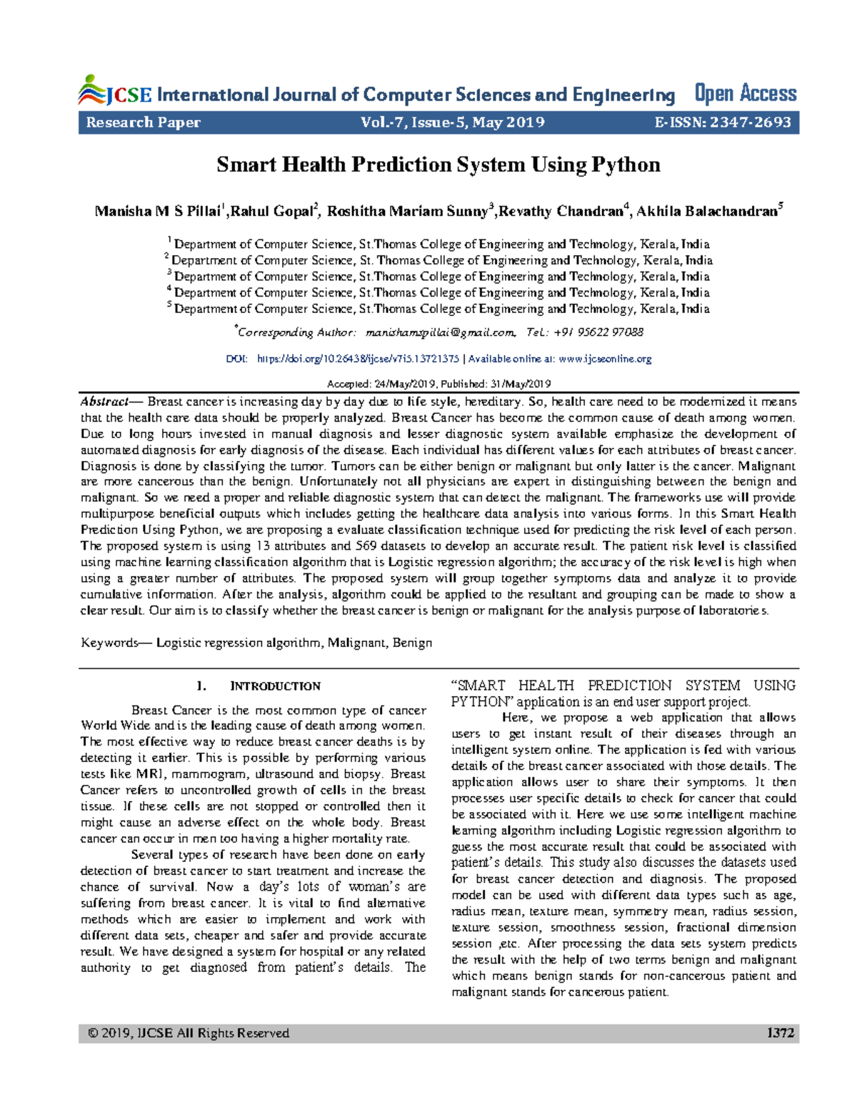 227 Ijcse 07201 45 - Smart Health Prediction System Using Python - Studocu