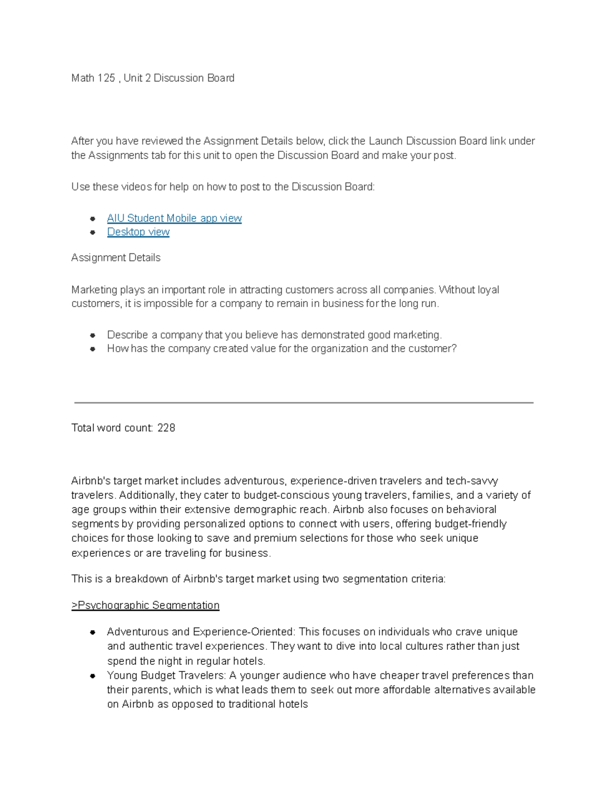 Math 125: Unit 2 Discussion Board on Marketing Strategies - Studocu