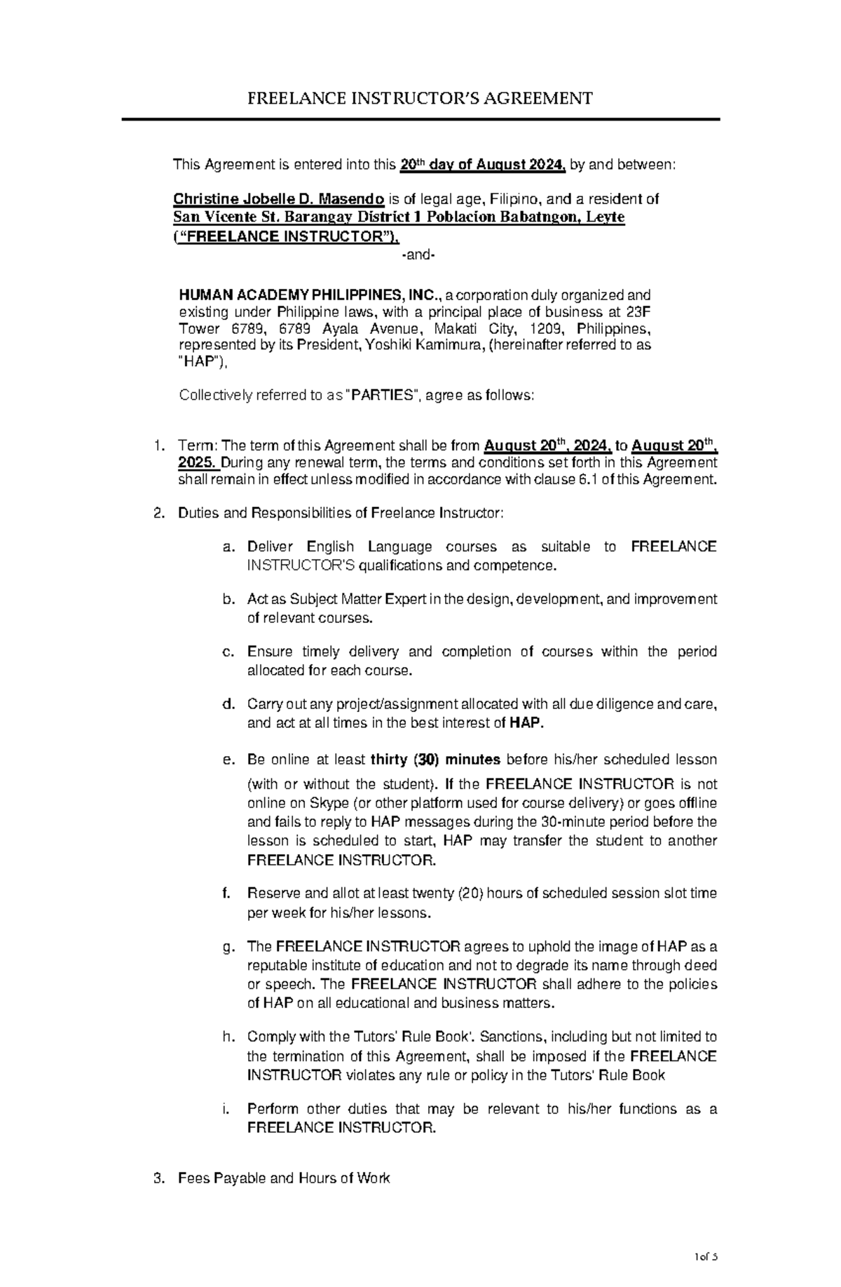 FREELANCE INSTRUCTOR AGREEMENT - Christine Jobelle D. Masendo - Studocu