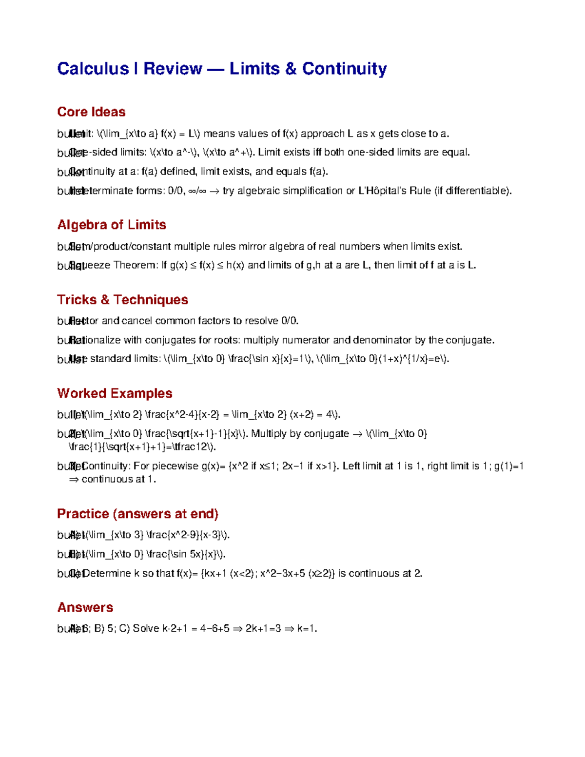 Calc I Final Exam Review: Limits & Continuity Concepts - Studocu