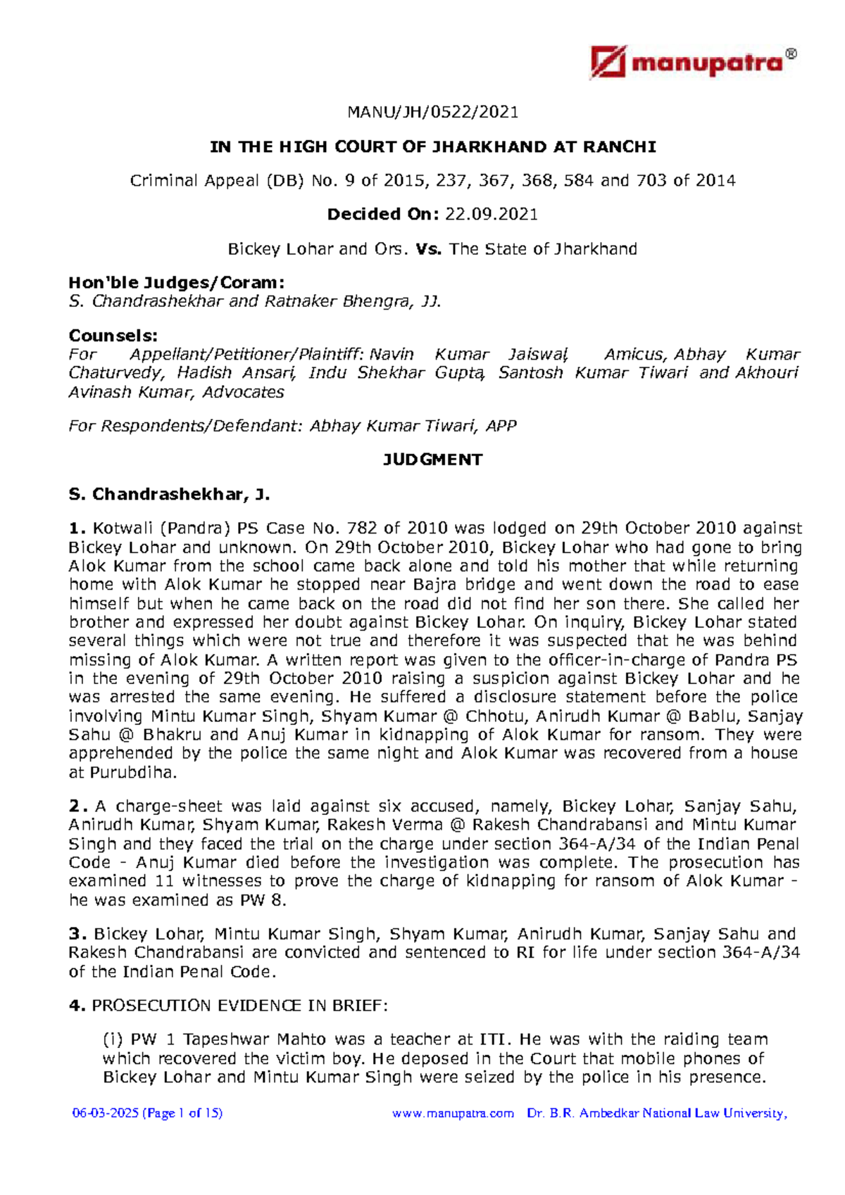 Criminal Appeal (DB) No. 9 of 2015: Bickey Lohar vs. State of Jharkhand ...