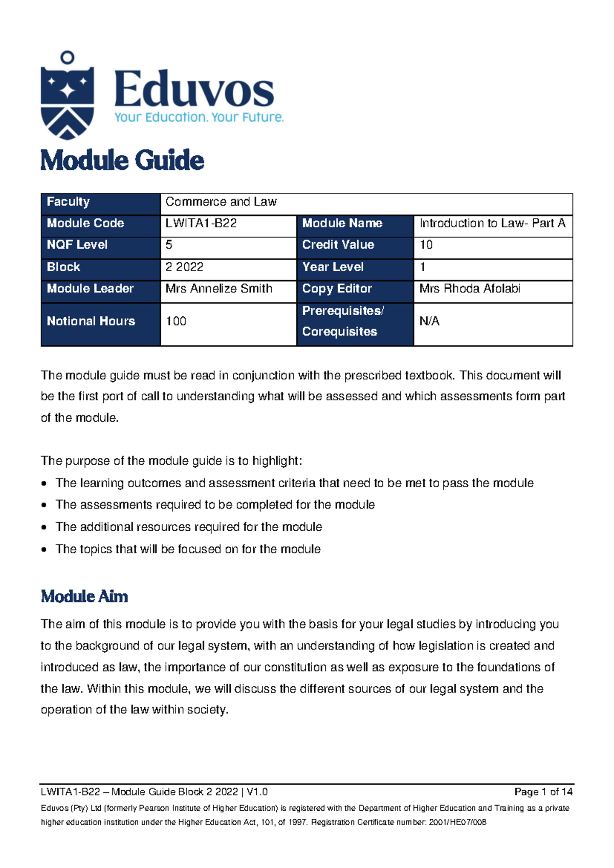 LWITA1-B22 - Module Guide for Introduction to Law, Block 2 2022 - Studocu