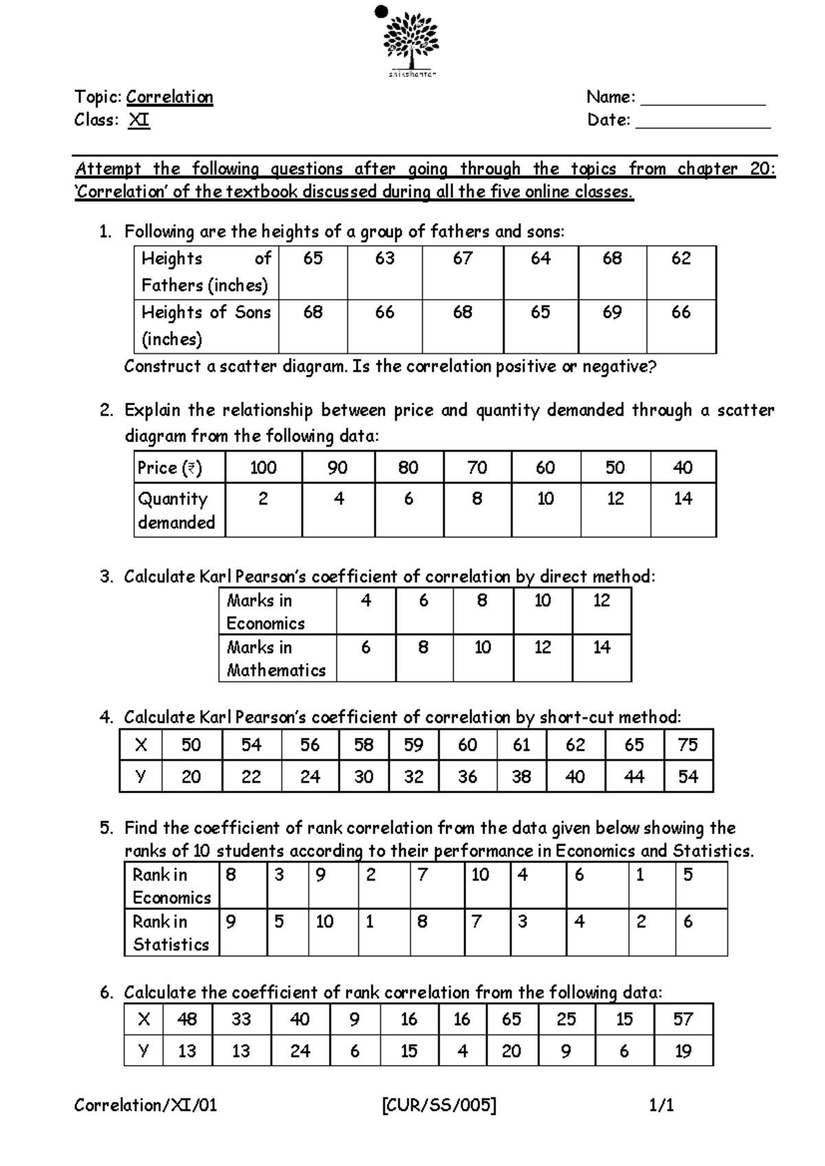 Eco XI Worksheet - Correlation - Correlation/XI/01 [CUR/SS/005] 1 ...