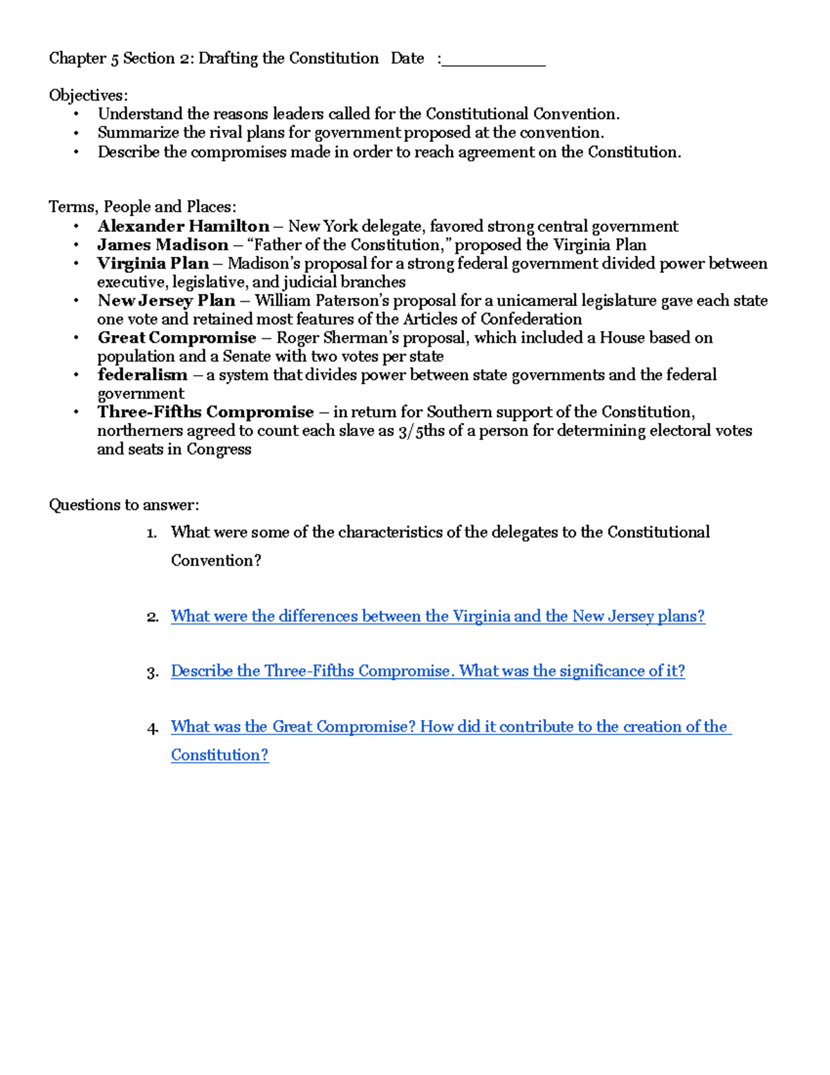 Chapter 5 Sec 2: Drafting the Constitution - Key Compromises & Plans ...