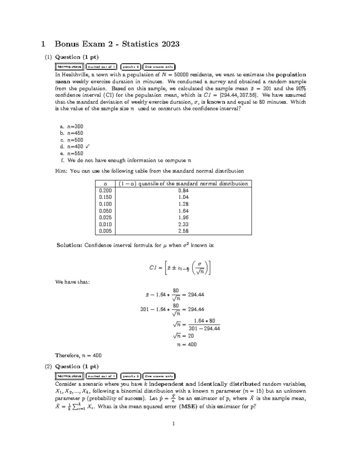 Bonus Exam 2 Statistics 2023: Confidence Intervals & Estimators - Studocu