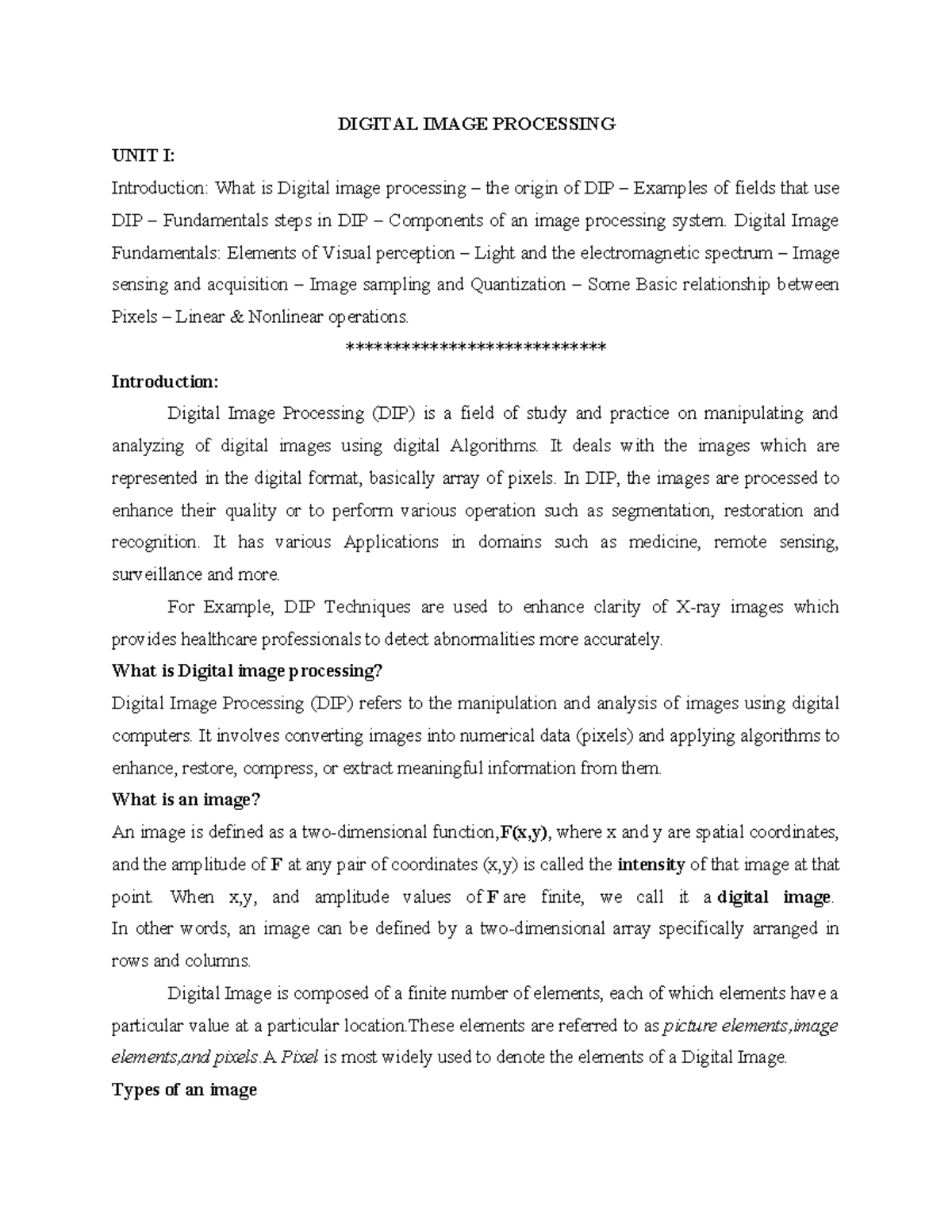 Digital Image Processing Unit I Fundamentals And Applications Studocu