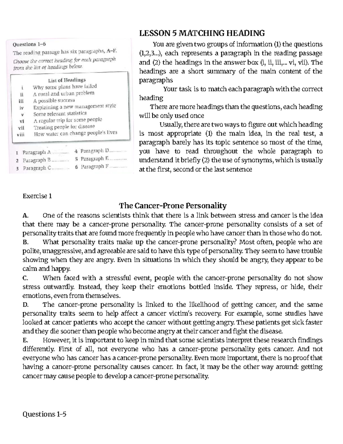 Lesson 5: Matching Headings Exercise for Class 4 - Studocu