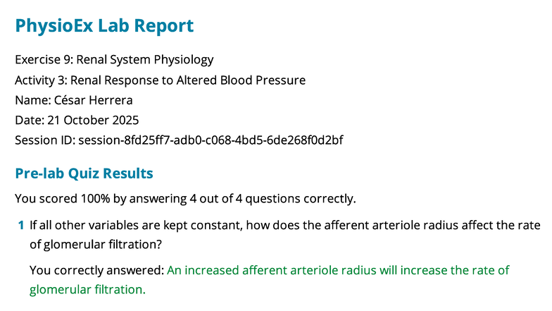 PhysioEx Lab Report 9: Renal System Physiology Quiz Results - Studocu
