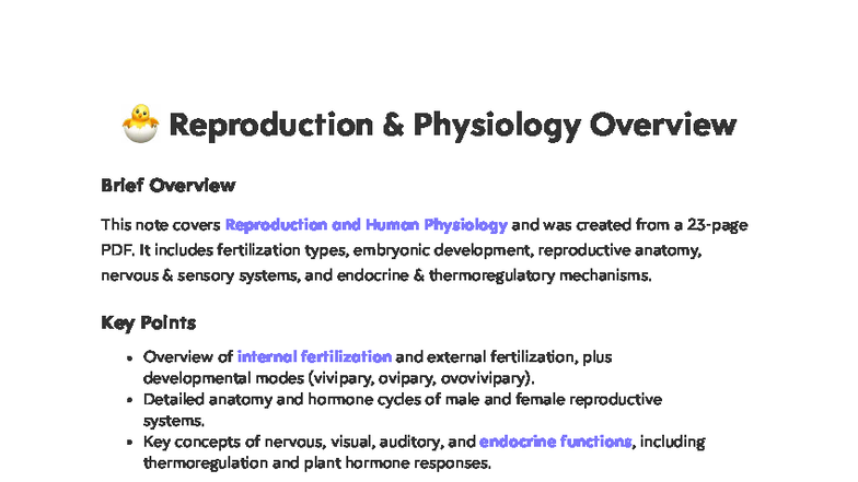 Reproduction, Fertilization, and Physiology Overview (BIO 101) - Studocu