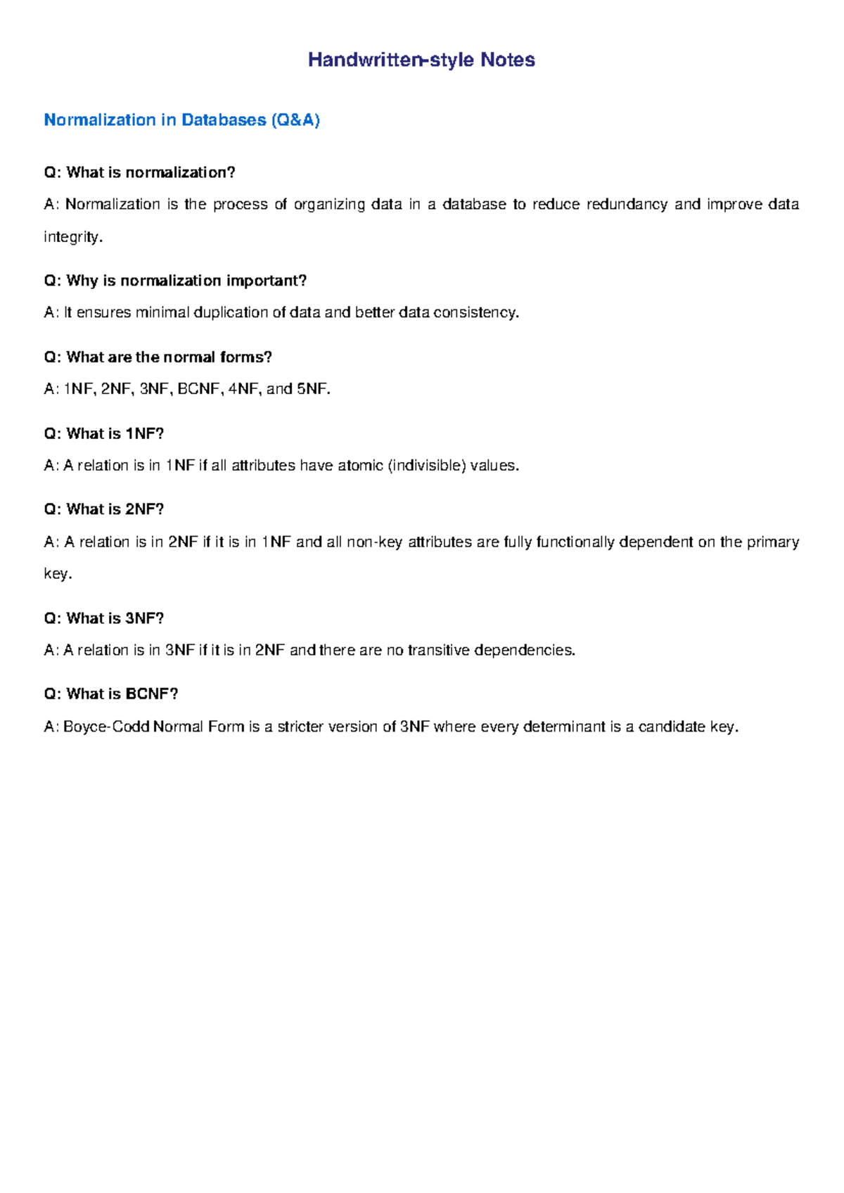 Normalization QA Short Notes for Databases (CS101) - Studocu