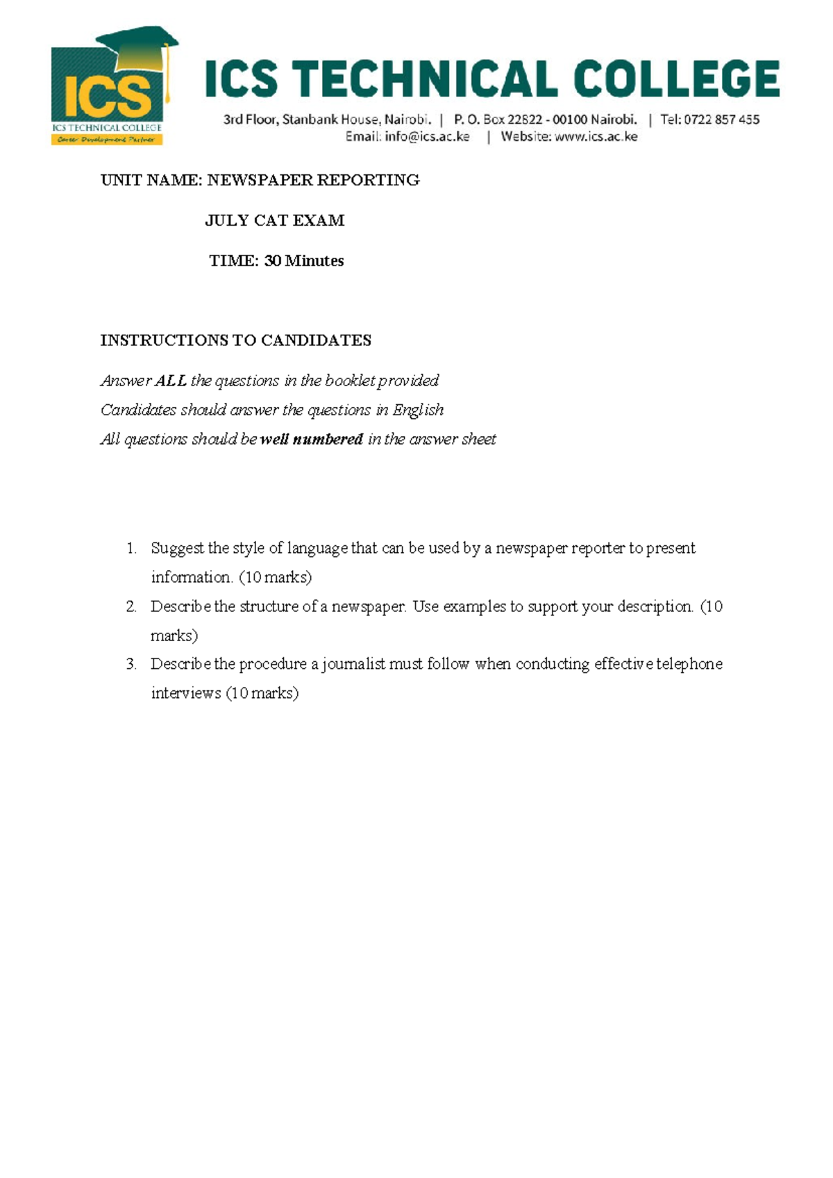 Newspaper Reporting - UNIT NAME: NEWSPAPER REPORTING JULY CAT EXAM TIME ...