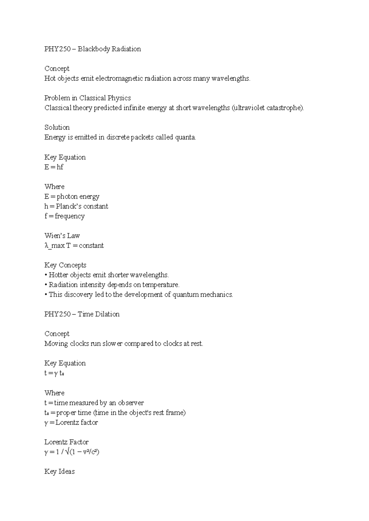 PHY250 Lecture Notes: Blackbody Radiation & Time Dilation Concepts ...