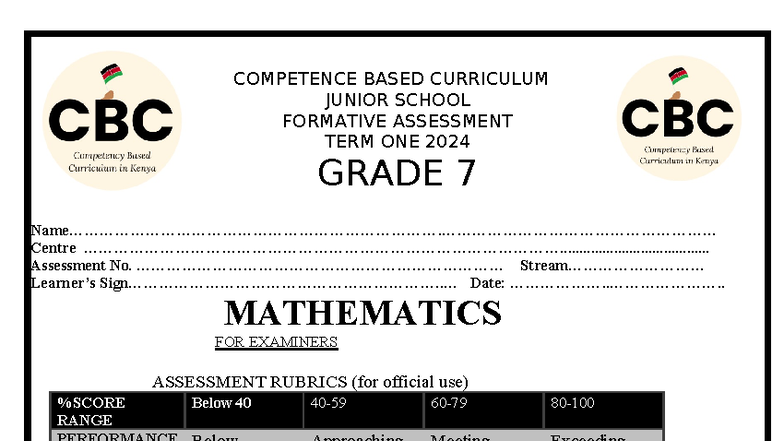 Grade 7 Mathematics Formative Assessment Term 1 2024 Rubrics - Studocu