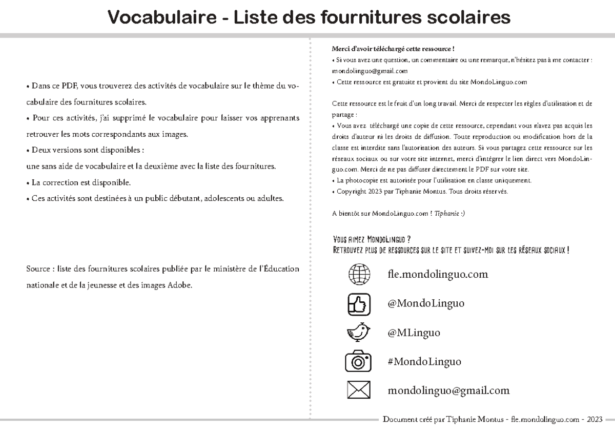 Mondo Linguo A1 Vocabulaire: Liste des Fournitures Scolaires - Studocu
