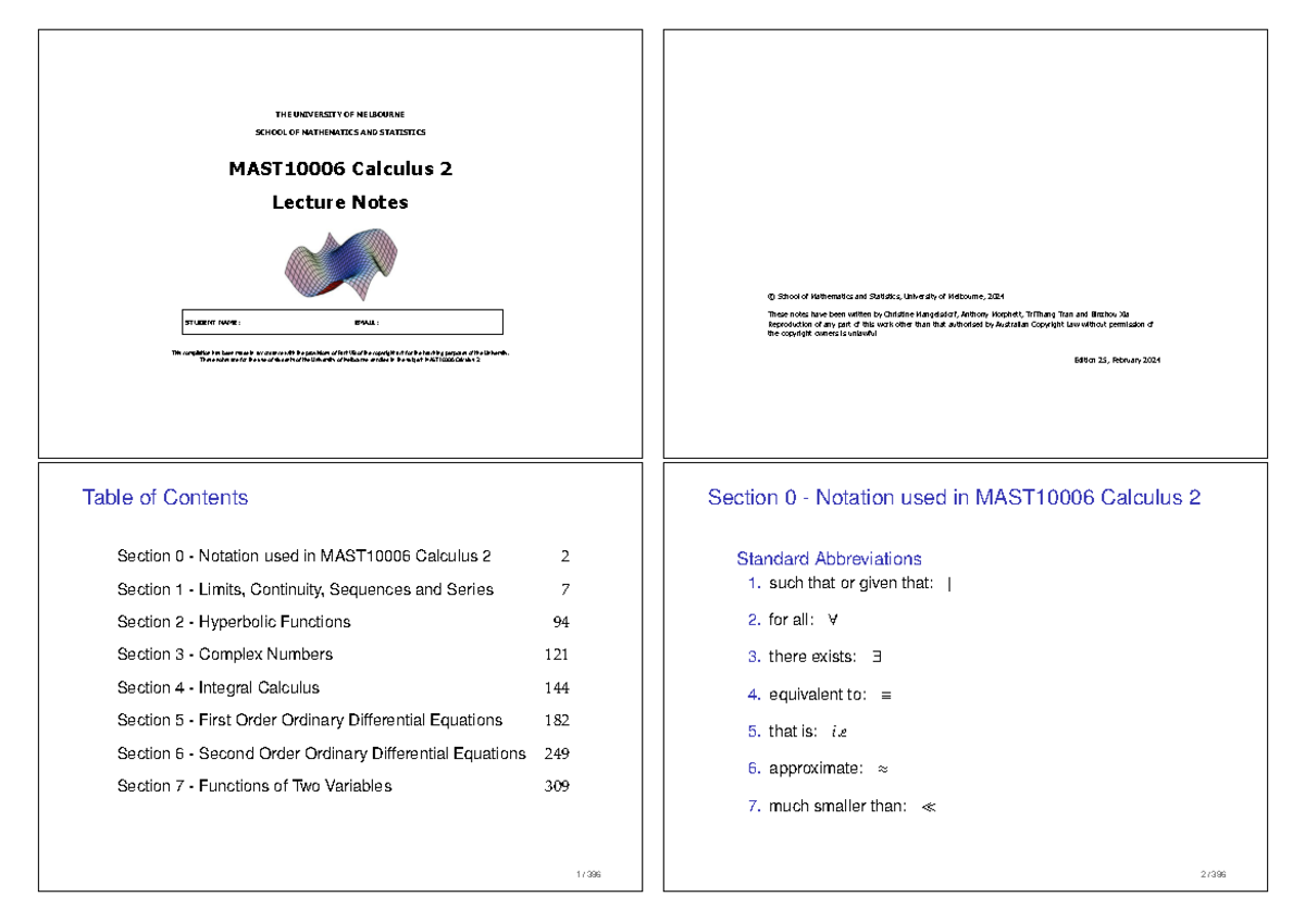 MAST10006 Calculus 2 Lecture Notes 2024 Edition - Comprehensive Guide ...