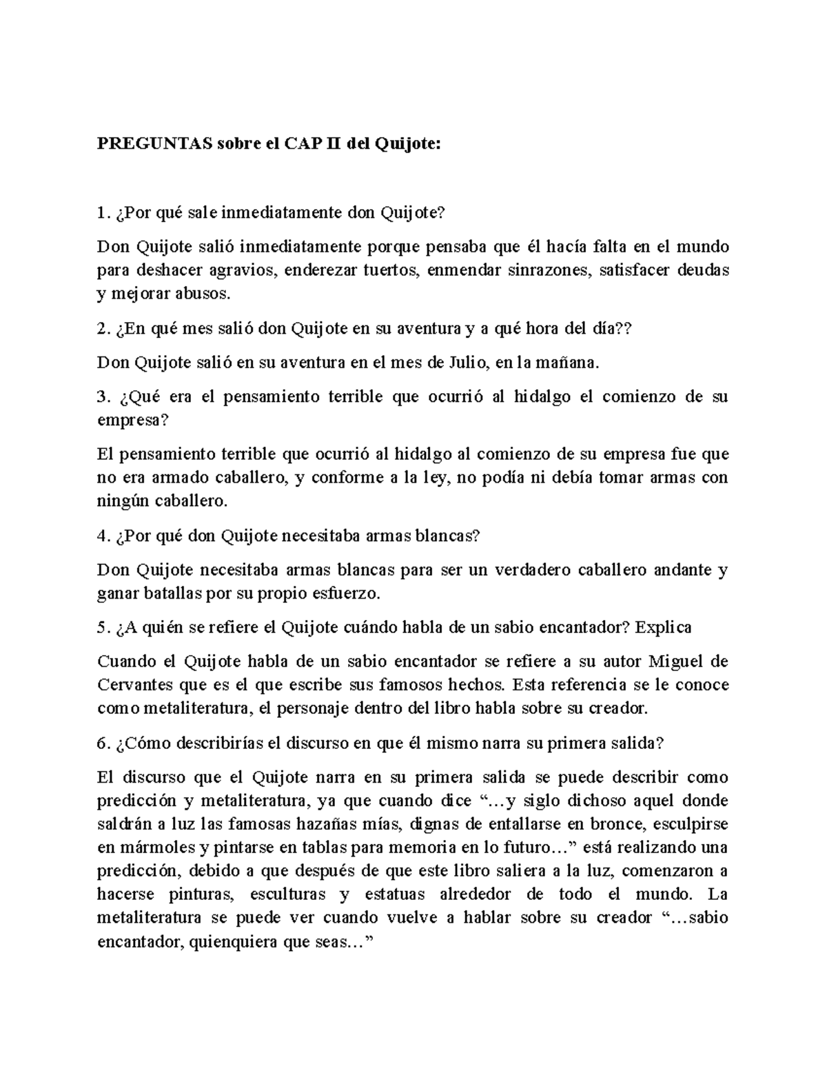 Preguntas sobre el CAP II del Quijote - PREGUNTAS sobre el CAP II del ...