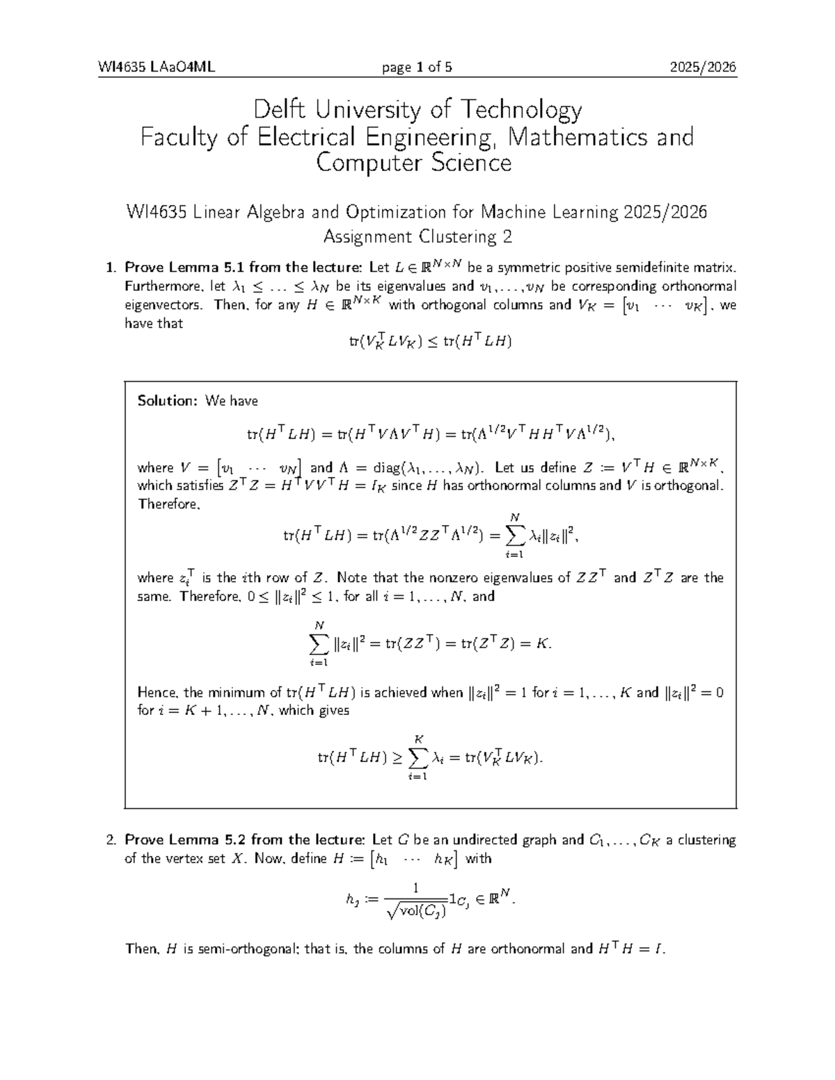 WI4635 Linear Algebra & Optimization for ML: Assignment 2 Solutions ...