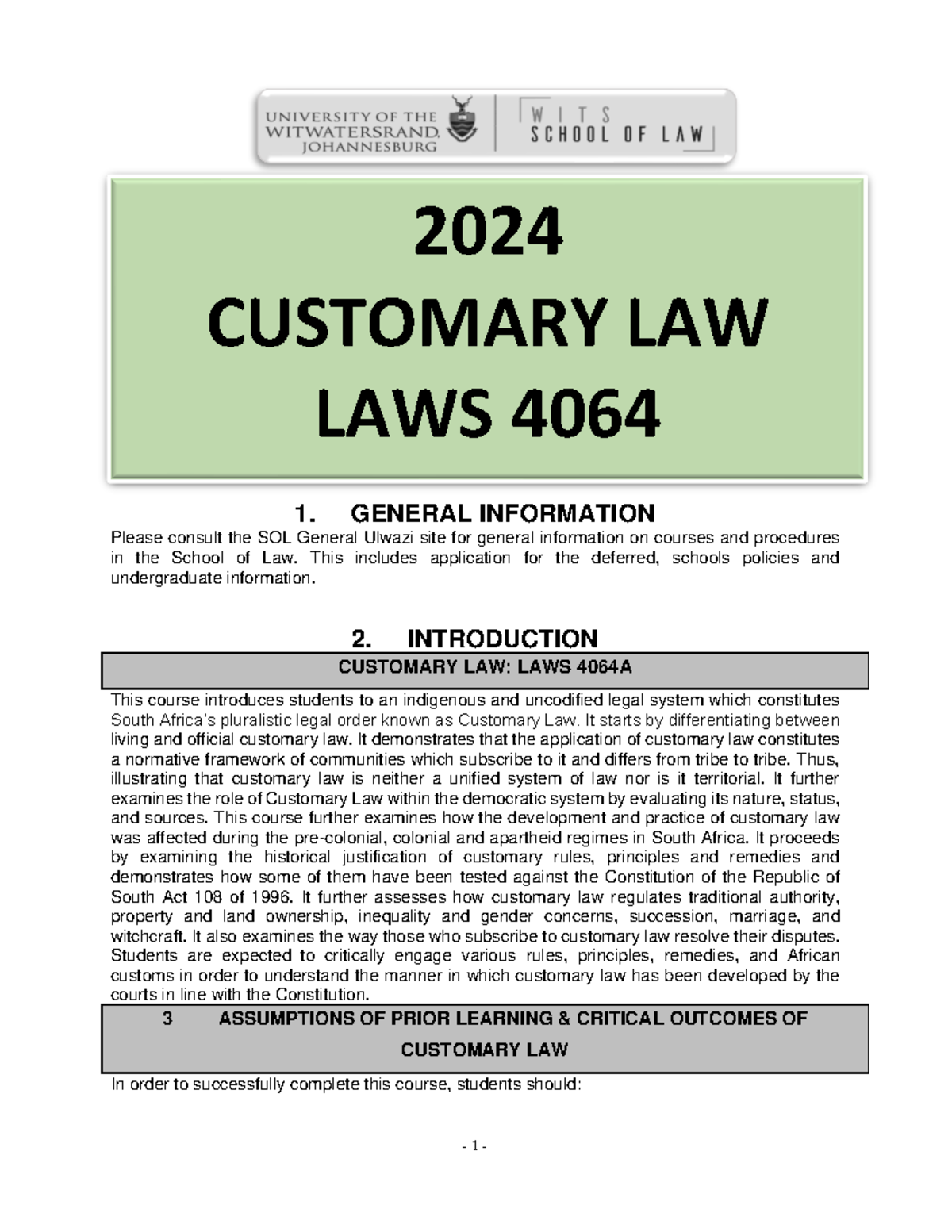 Customary Law Course Outline: LAWS 4064A - Semester 2, 2024 - Studocu
