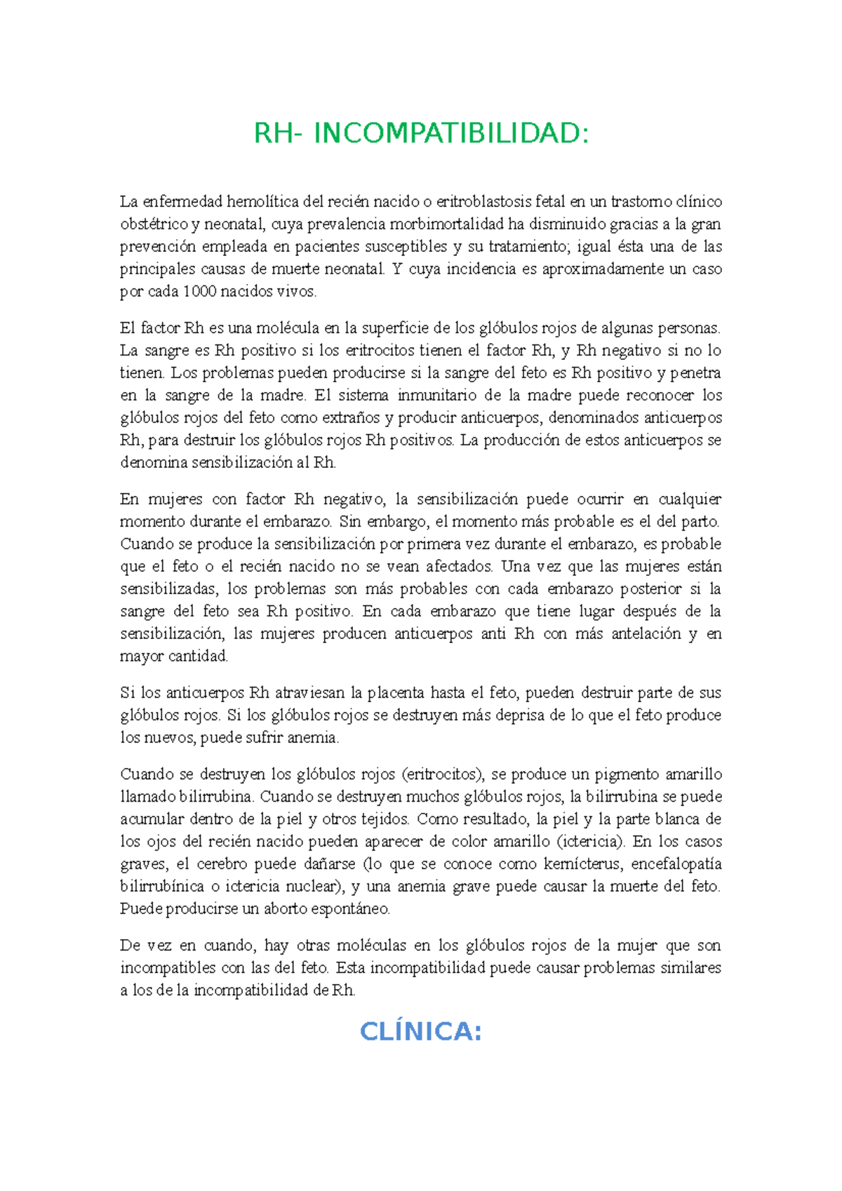 Incompatibilidad Rh: Diagnóstico y Consecuencias Clínicas - Studocu