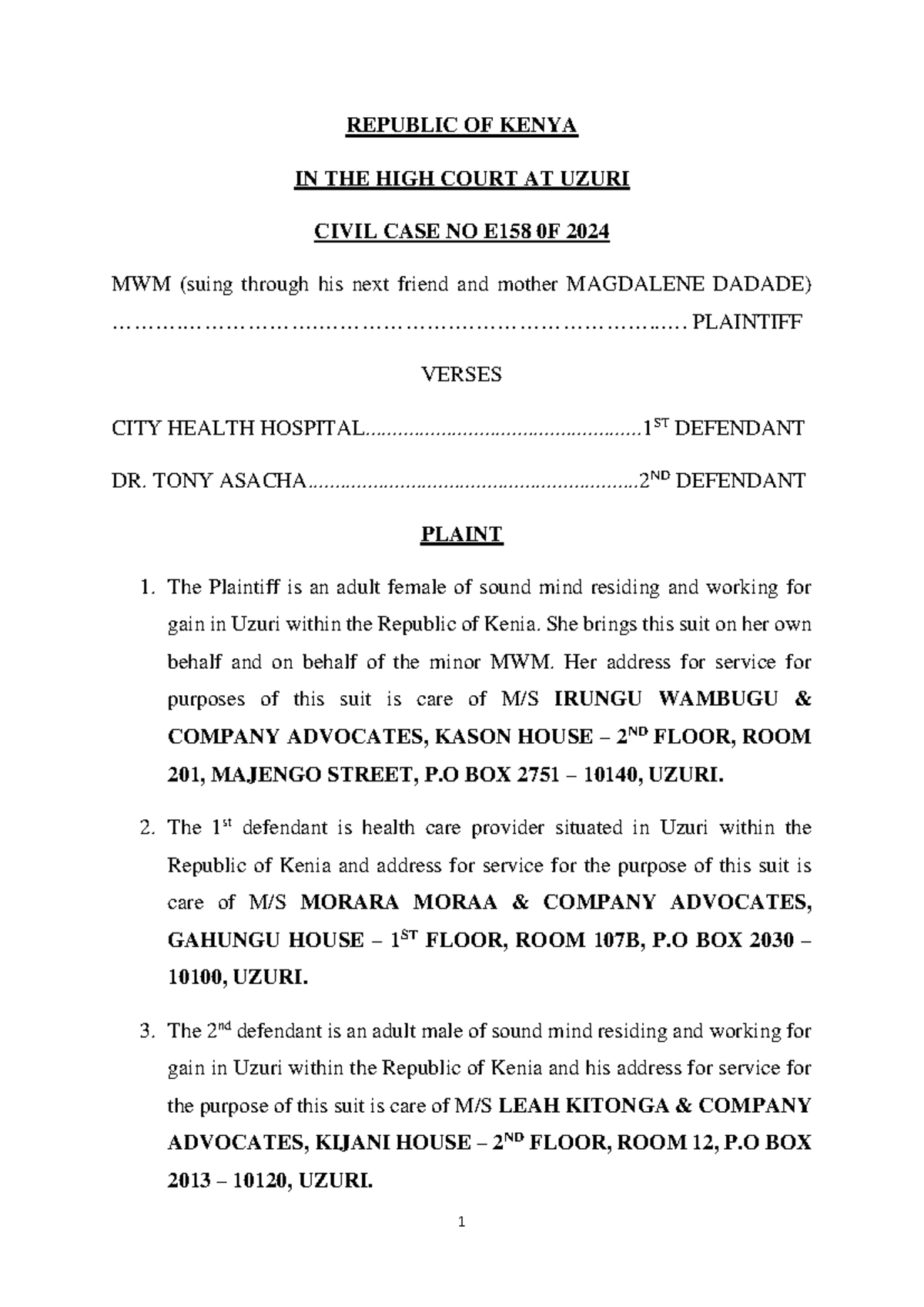 Sample Plaint [edited] - REPUBLIC OF KENYA IN THE HIGH COURT AT UZURI ...