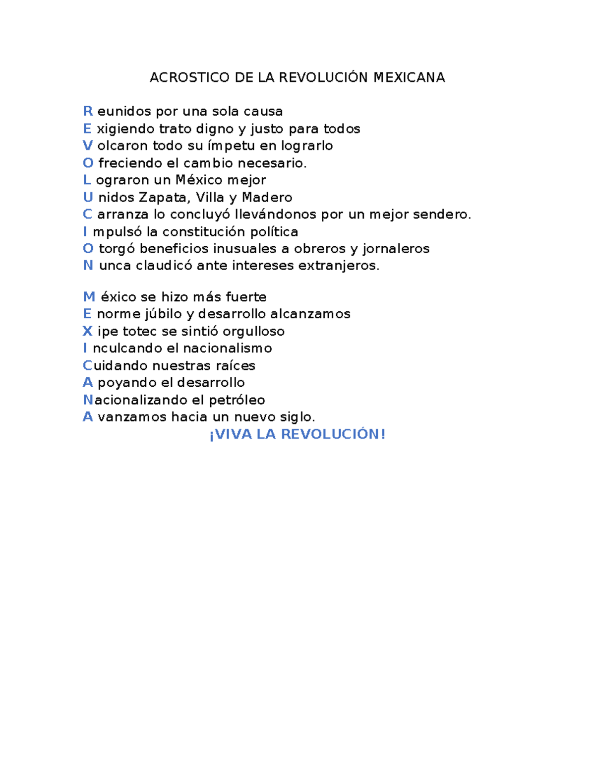 Acrostico de la Revolución Mexicana: Un Poema de Lucha y Cambio - Studocu