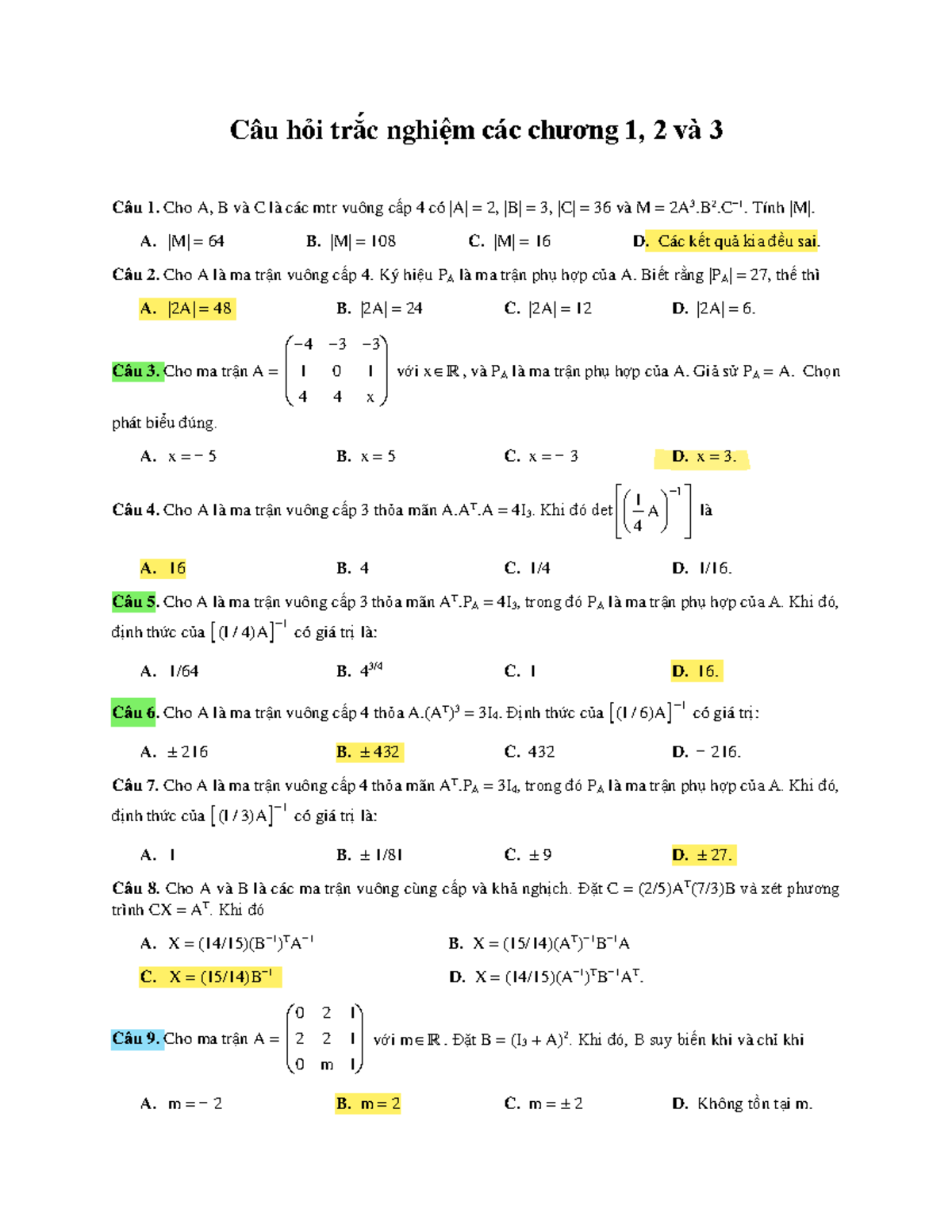 Câu hỏi trắc nghiệm chương 1, 2 và 3 (Môn 27-3-2025) - Studocu