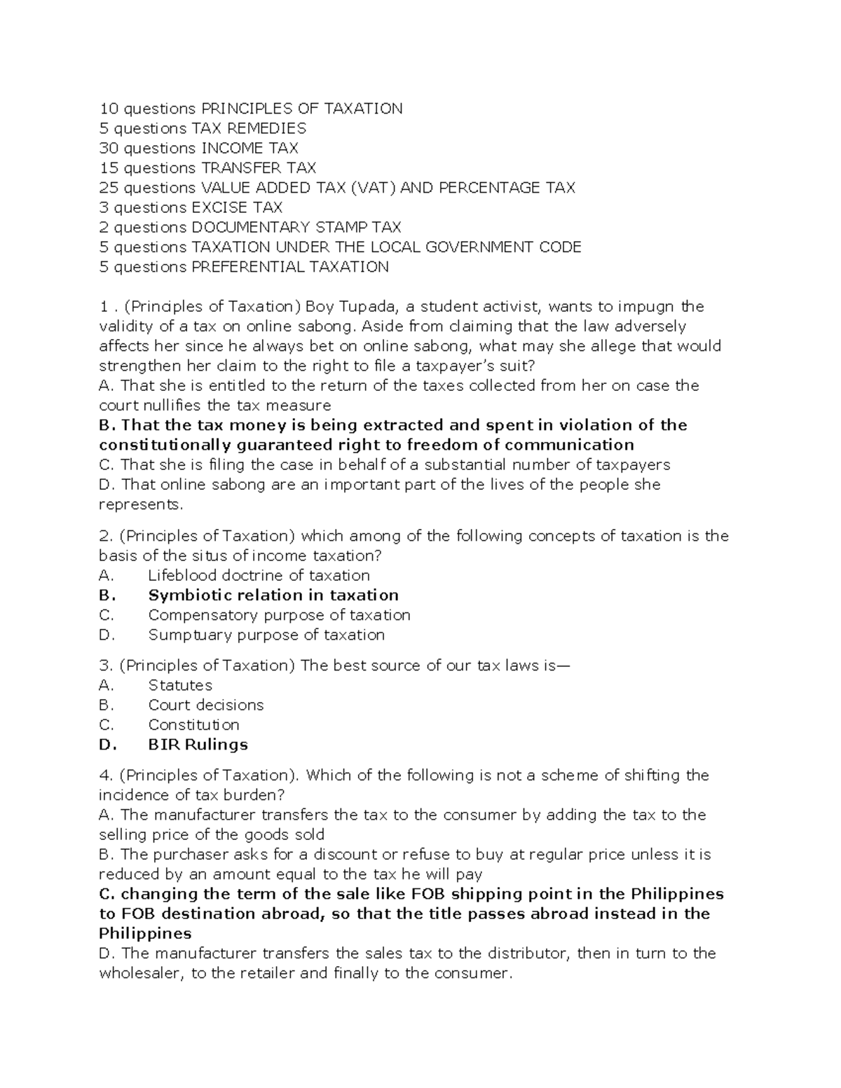 CREATE LAW Departmental Exam: Comprehensive Taxation Questions - Studocu