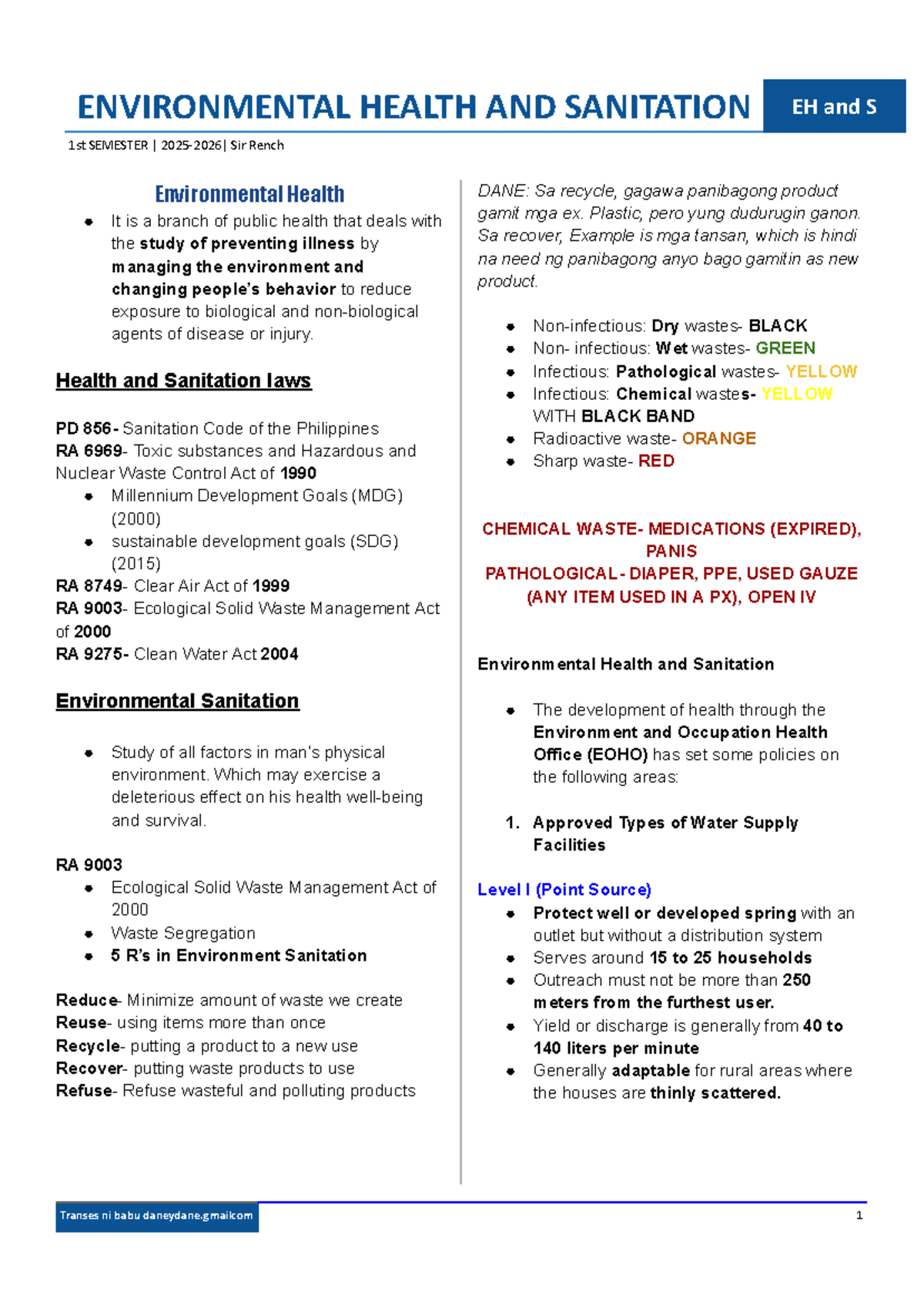 CHN3 Environmental Health and Sanitation: 1st Semester Overview - Studocu