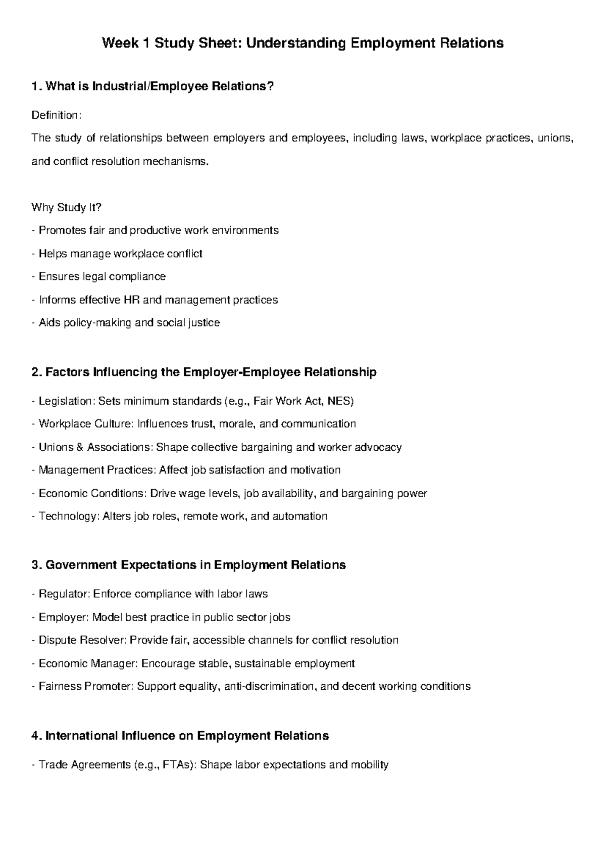Employment Relations Week 1 Study Sheet: Key Concepts and Influences - Studocu