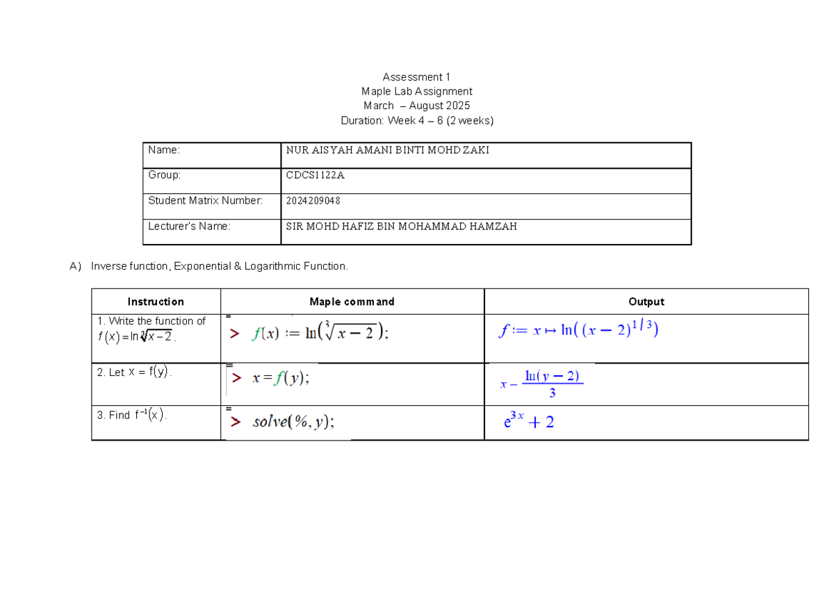 NUR1122A Maple Lab Assignment: Inverse & Exponential Functions - Studocu