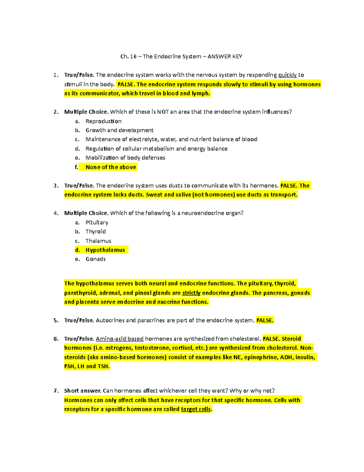 Endocrine System - Answer Key - Ch. 16 – The Endocrine System – ANSWER ...