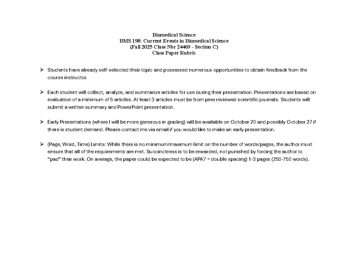 BMS 198: Class Paper Rubric for Current Events in Biomedical Science ...