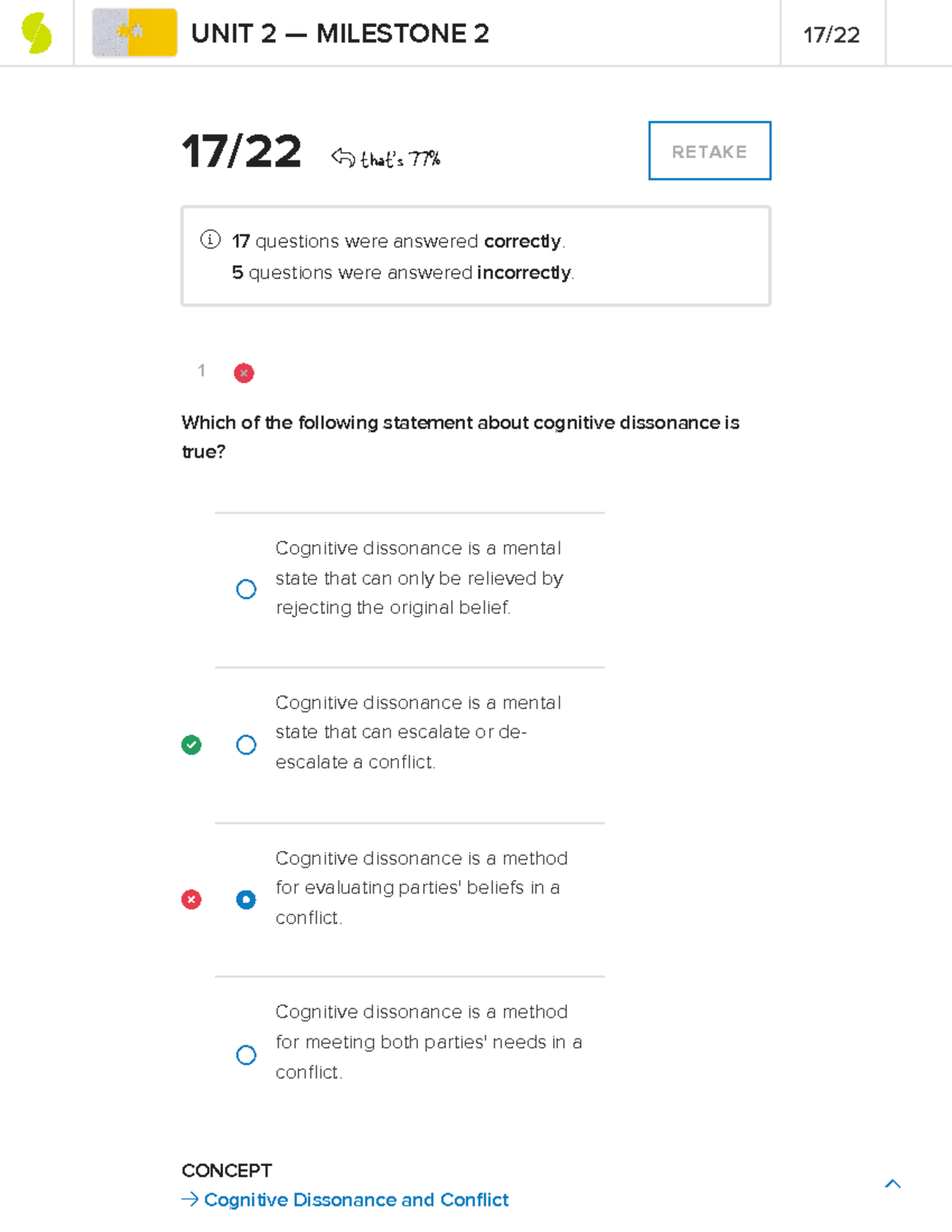 Unit 2 Examine the Fundamentals of Conflict - 1 CONCEPT → Cognitive Dissonance and Conflict 17 / ...