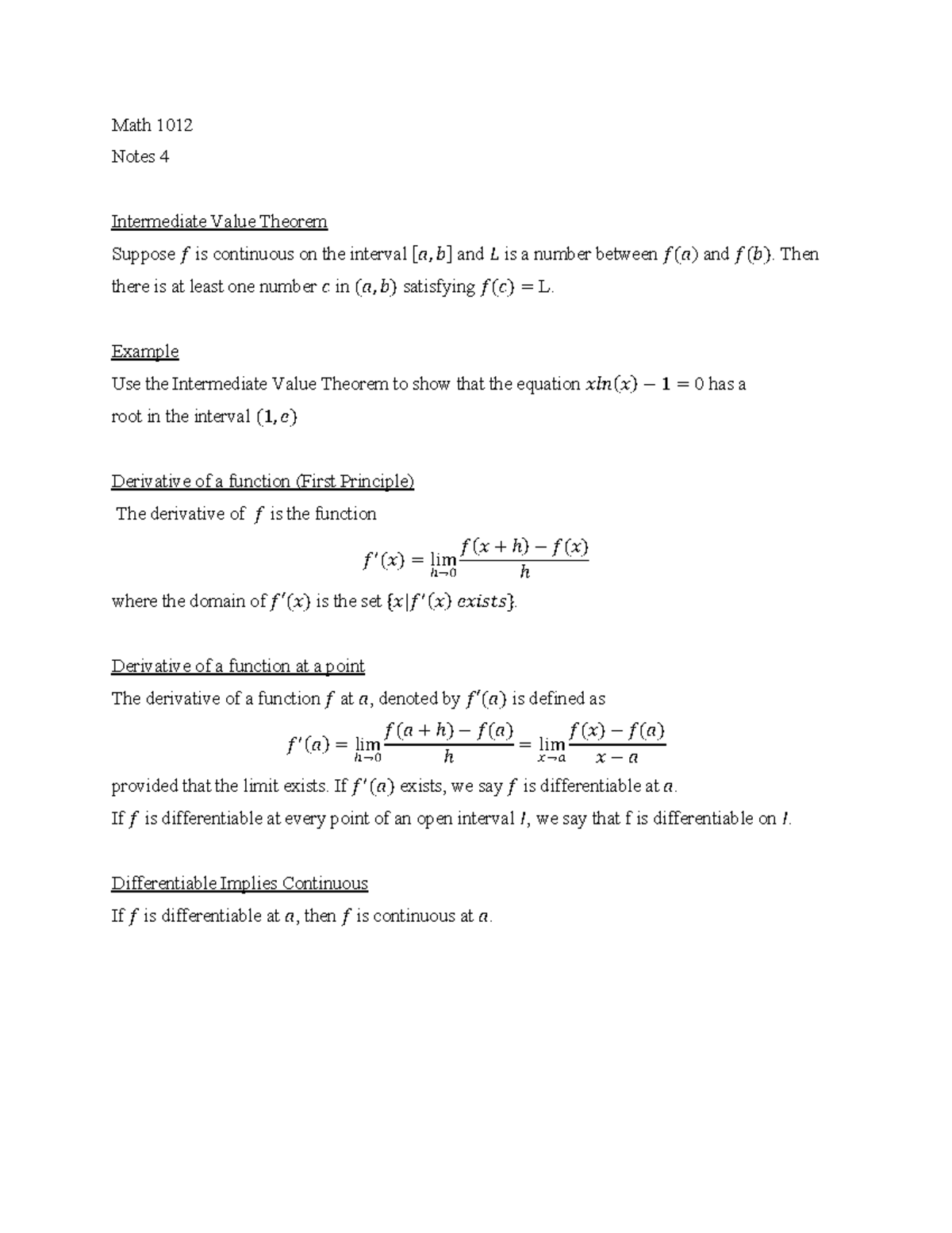 Math 1012 Tutorial Notes 4 - Calculus IA - Studocu