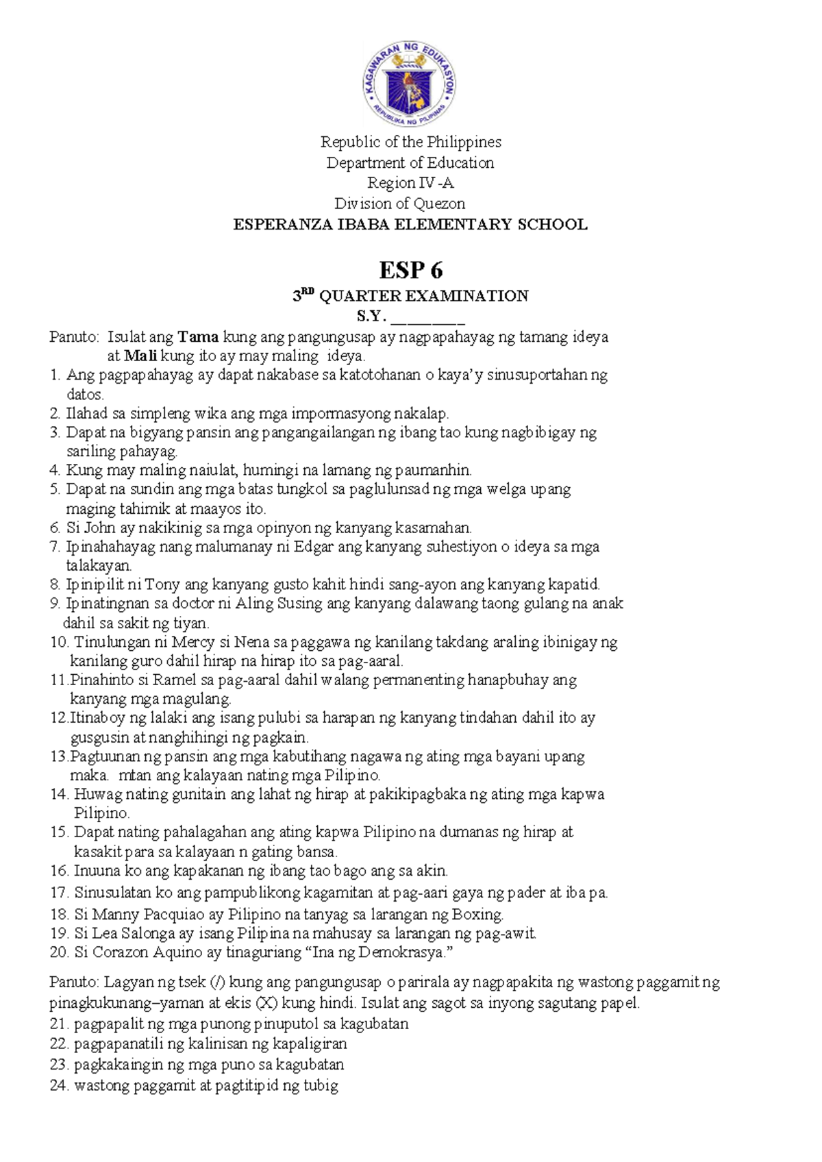 DTC PT Q3 ESP 6 Quarter Exam with Table of Specifications - Studocu