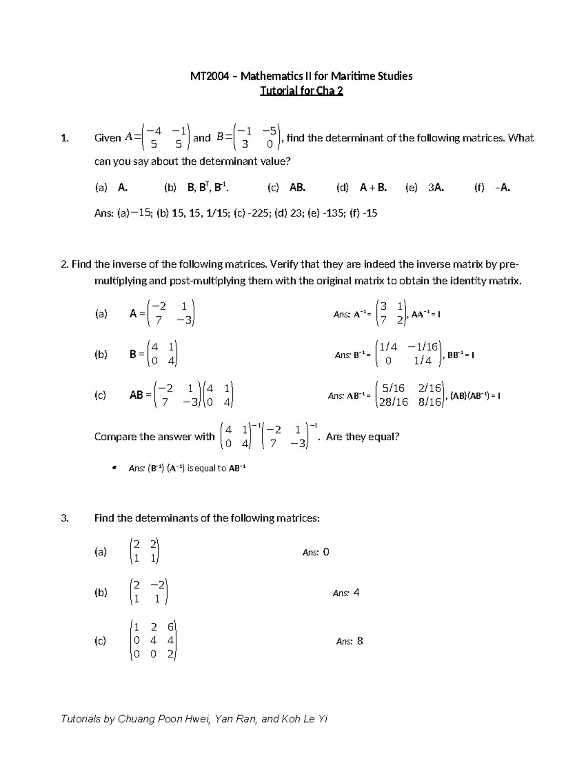 MT2004 Mathematics II for Maritime Studies Tutorial: Algebra Ch 2 ...