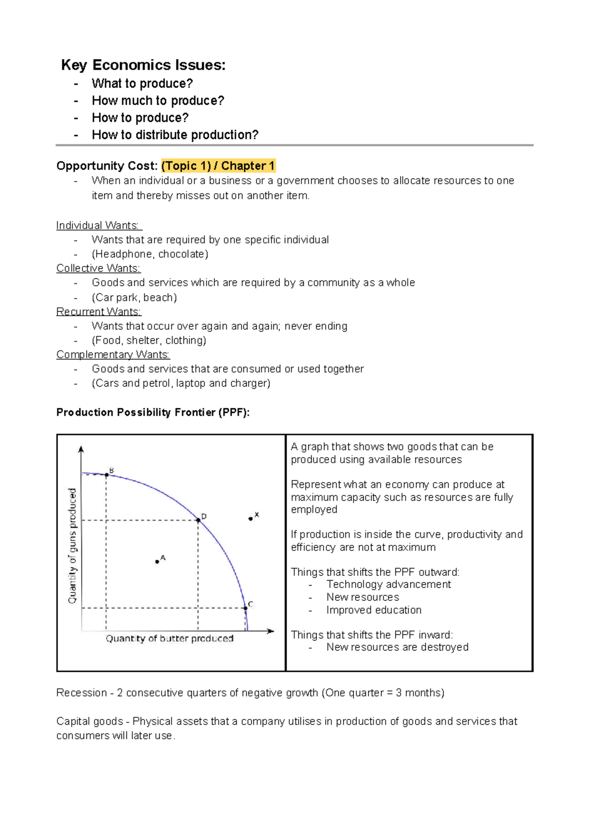 Economics Notes: Key Issues in Production and Opportunity Cost (ECO101 ...