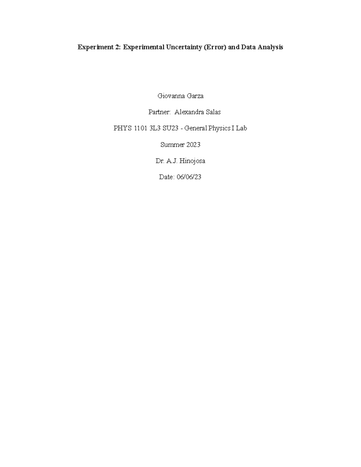 Lab 1-Experiment 2 (Full lab report) - Experiment 2: Experimental ...