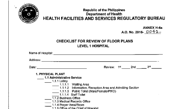 Checklist for Review of Level 1 Hospital Floor Plans - DOH Guide - Studocu