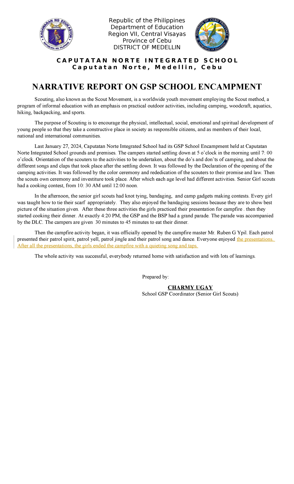 Narrative Report on GSP Encampment Activities at Caputatan Norte School ...