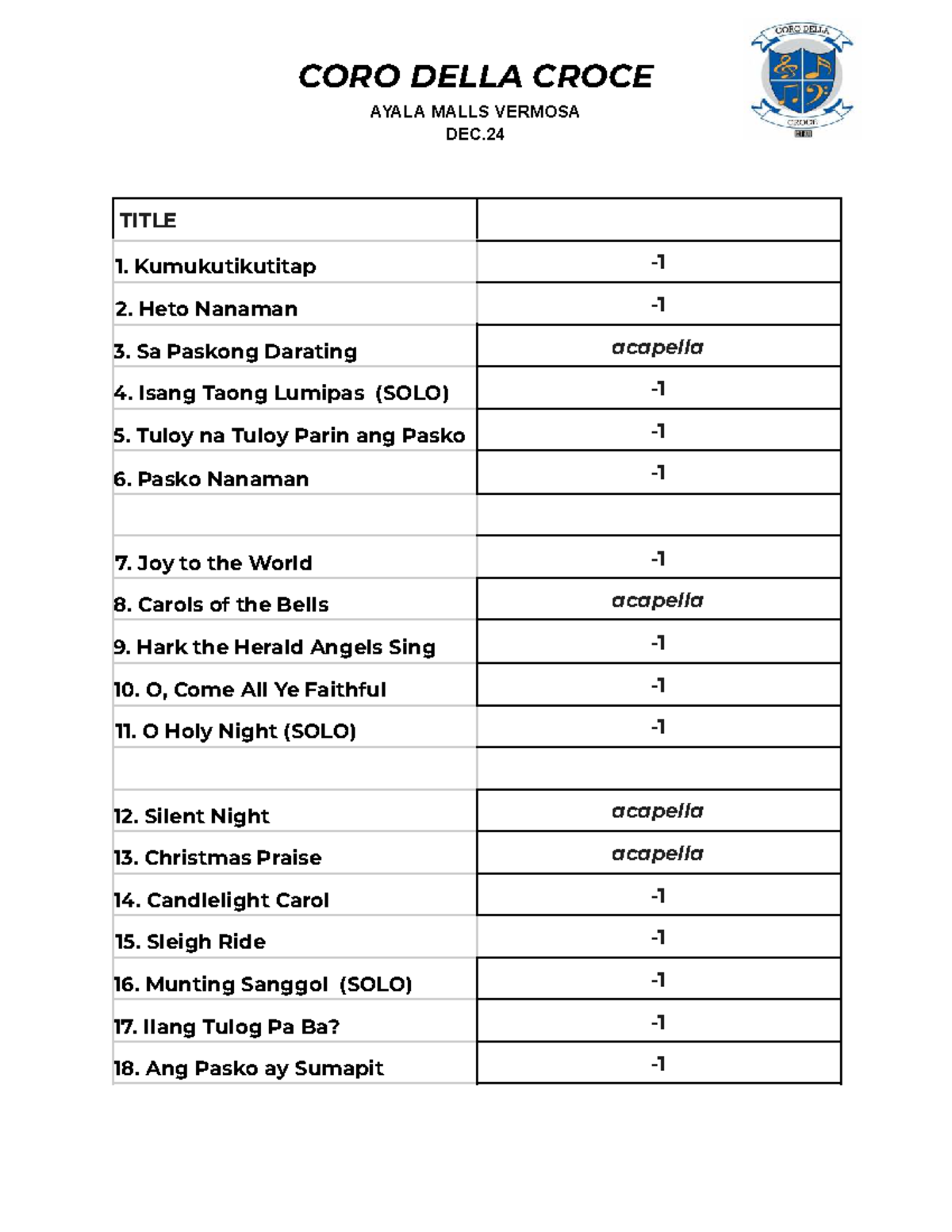 Final LINE UP Vermosa 1 - Christmas Music Pieces - Studocu
