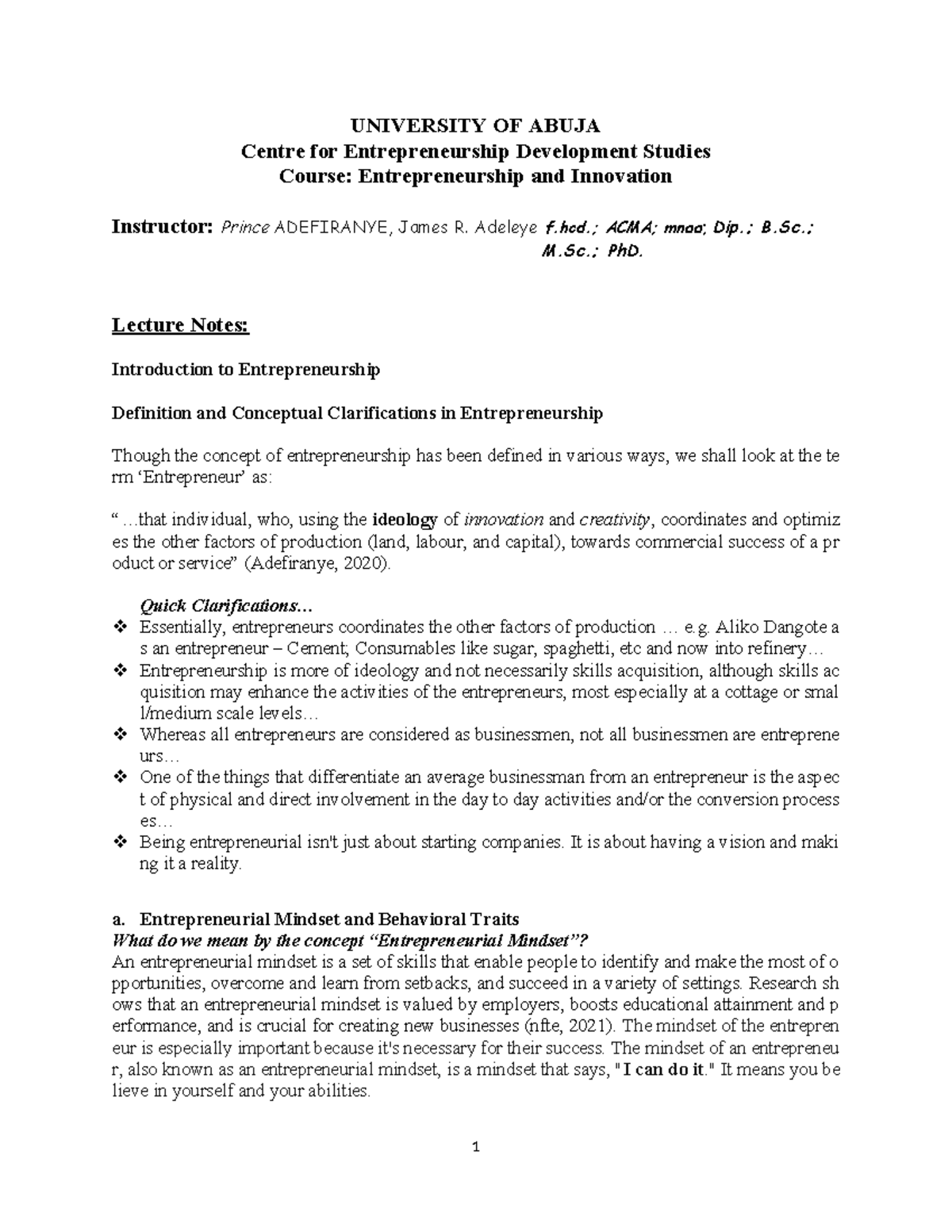 ENT211 Lecture Notes: Introduction to Entrepreneurship Concepts and ...