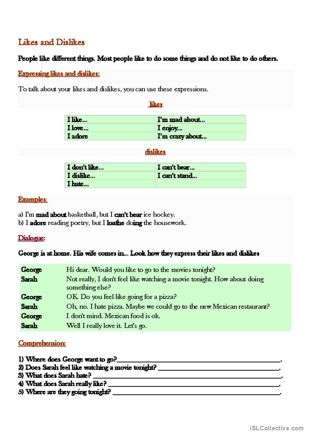 Likes and Dislikes - Inglés Lesson Notes and Examples - Studocu