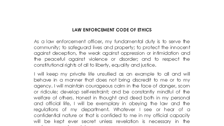 LAW 101: Law Enforcement Code of Ethics Overview - Studocu
