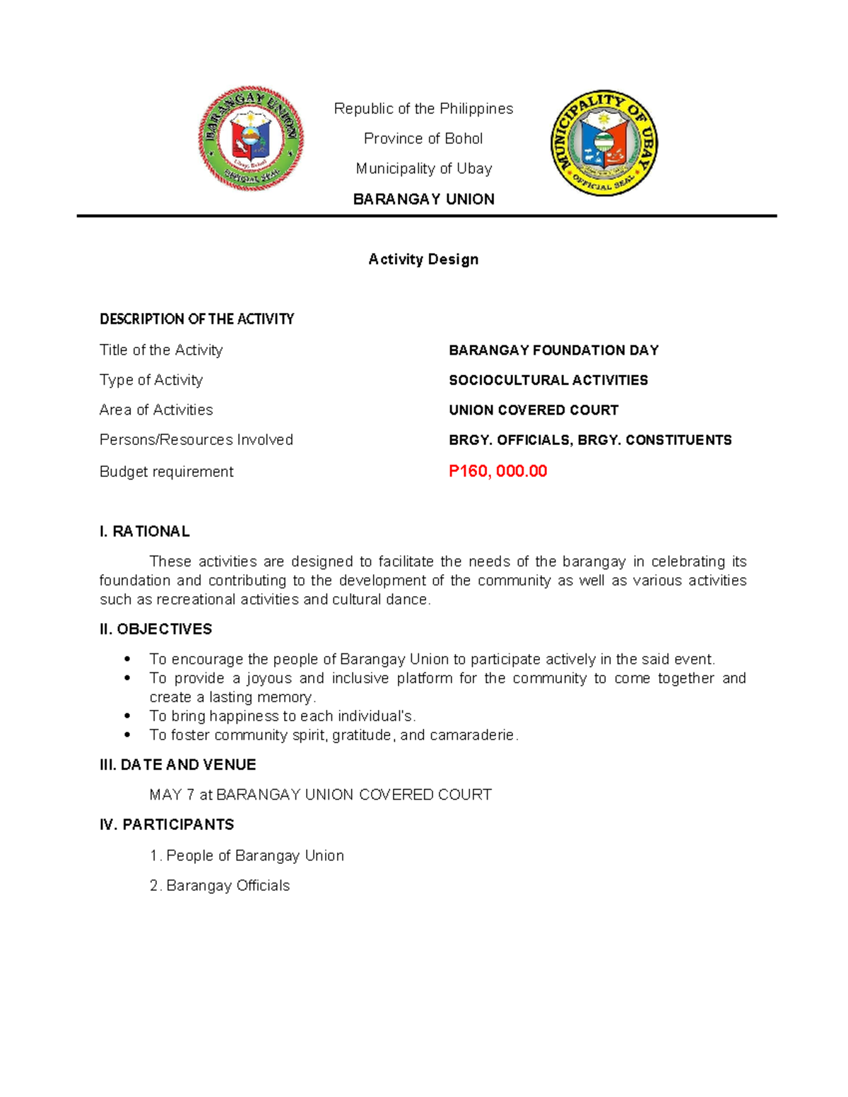 Activity Design for Barangay Foundation Day - SSS - Studocu