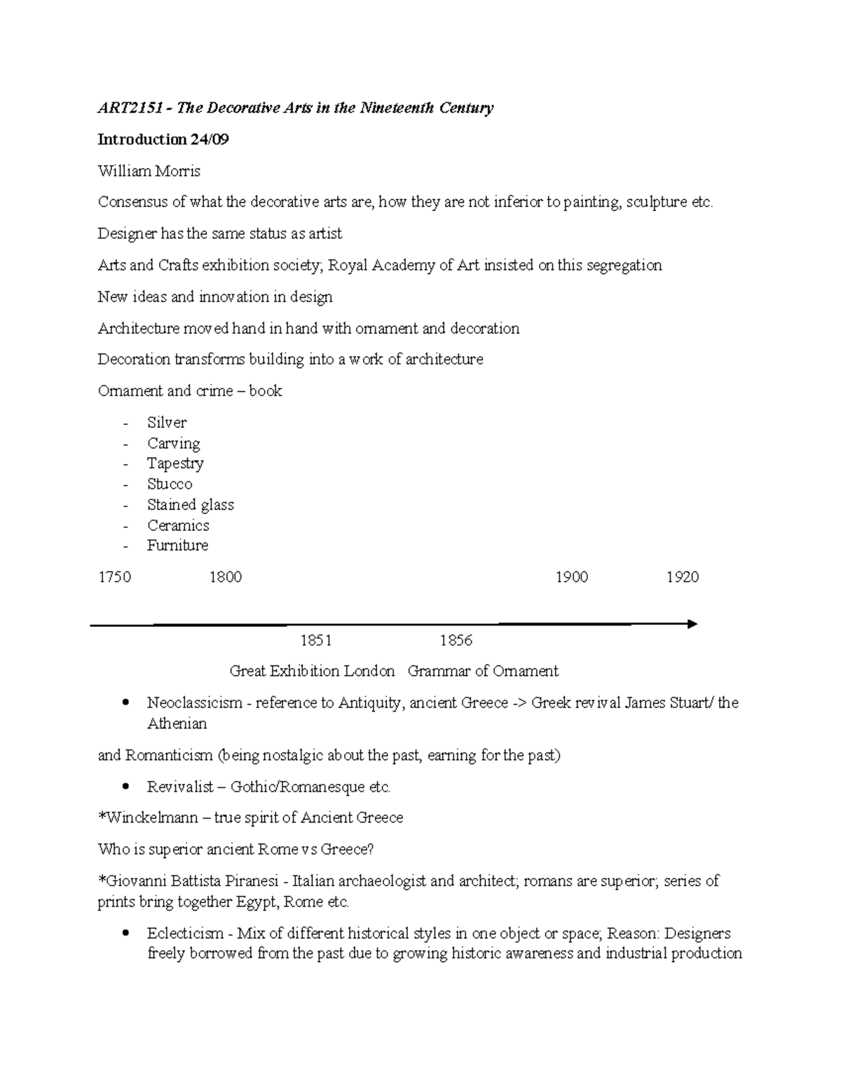 ART2151 Lecture Notes: The Decorative Arts of the 19th Century - Studocu