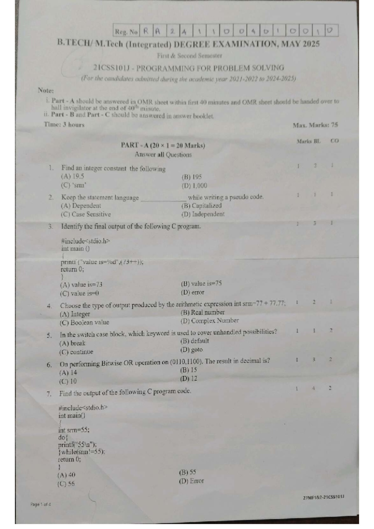 21CSS101J Programming for Problem Solving - Degree Exam May 2025 - Studocu