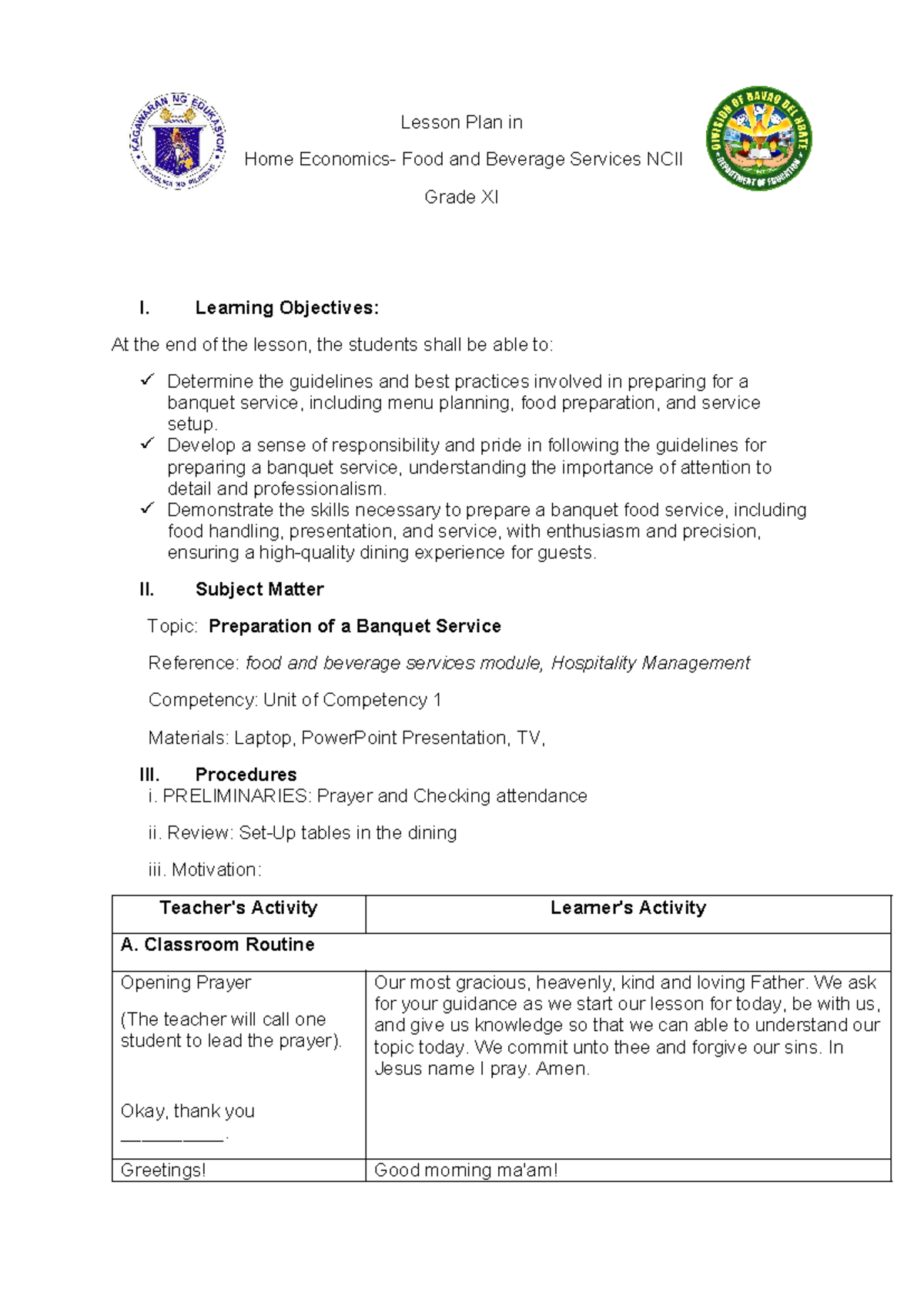 Banquet Service Preparation Lesson Plan - TVL-HE_FBS NCII - Studocu