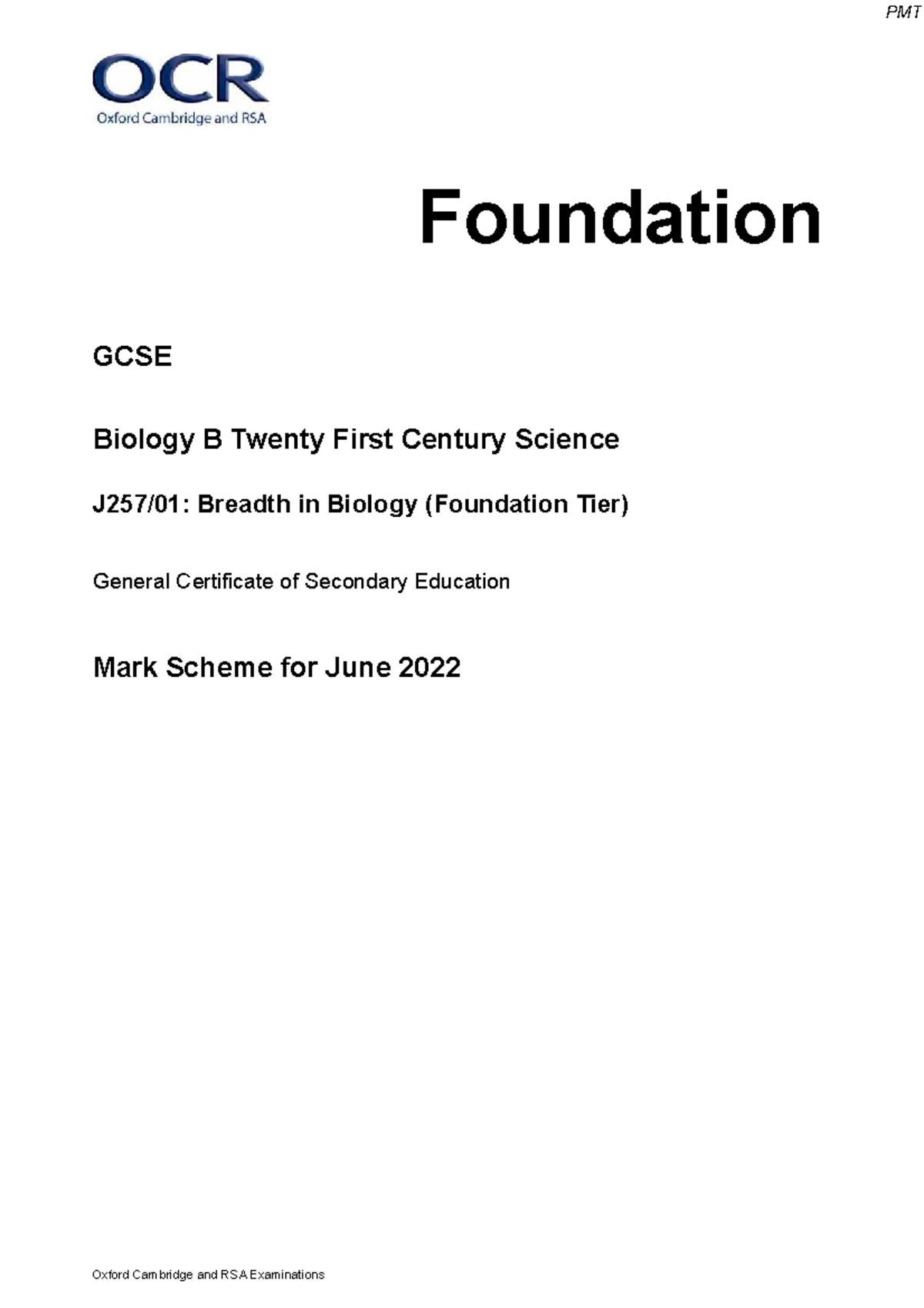 GCSE Biology B (Foundation Tier) June 2022 Mark Scheme - OCR - Studocu